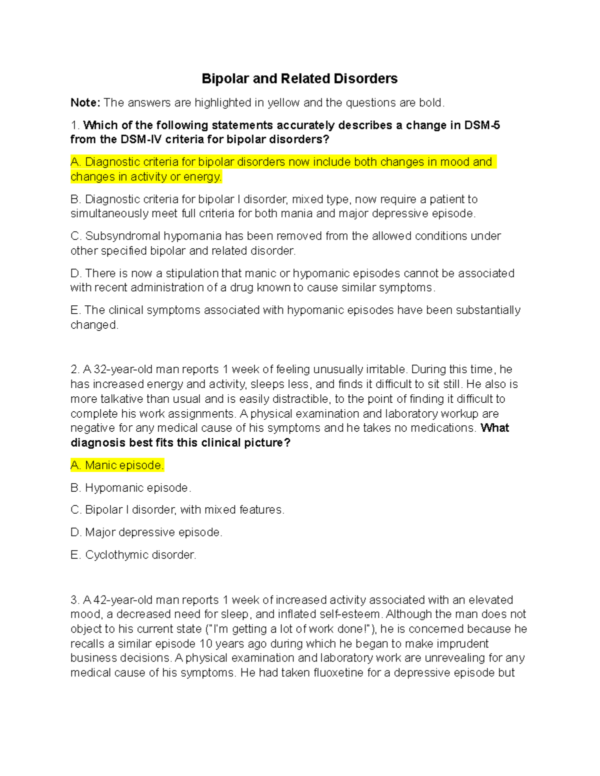 Test Questions in Bipolar and Related Disorders- DSM5 - Bipolar and ...