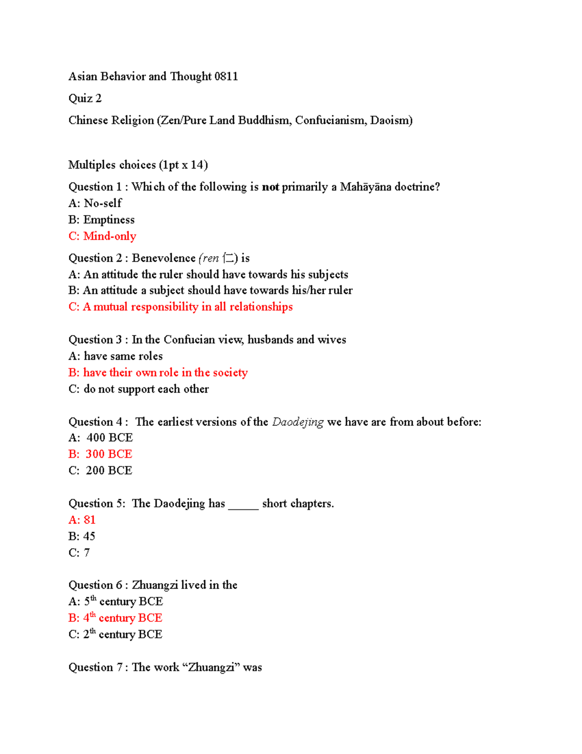 Quiz 2 - Quiz 2 Asian Behavior. Dr. Roh - Asian Behavior and Thought ...