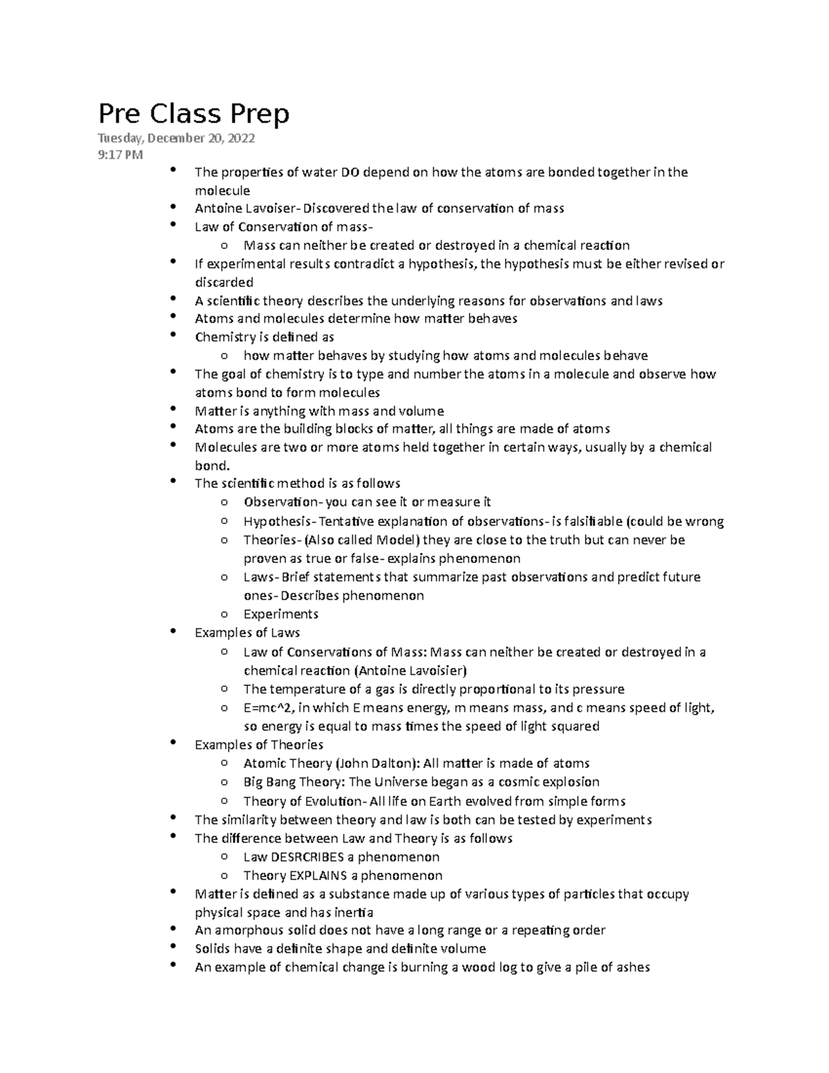 Chemistry 1001 Pre-Class Prep - Pre Class Prep Tuesday, December 20 ...