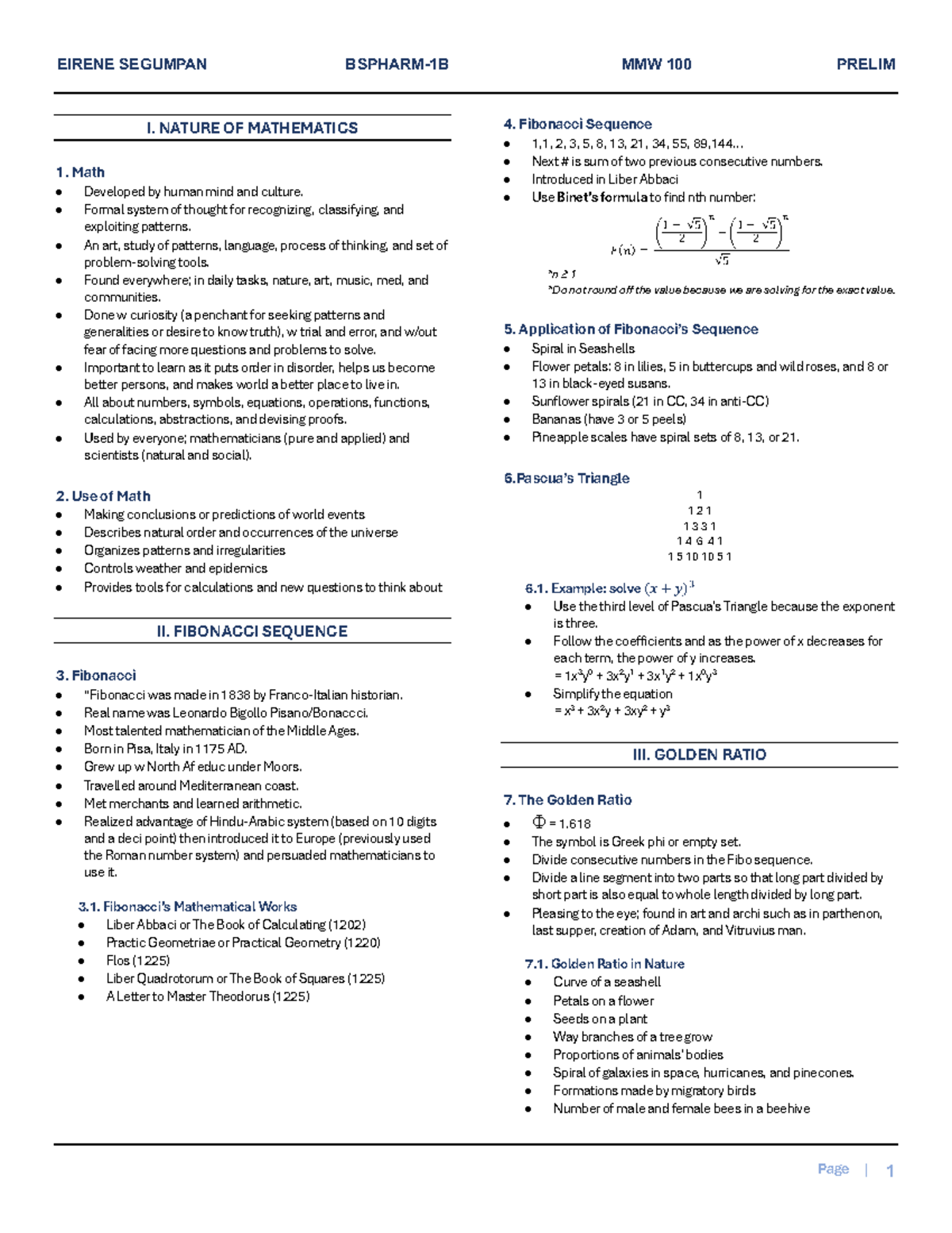 MMW 100 Prelim - Reviewer for the subject, shortened for summarized reading and less paper to ...