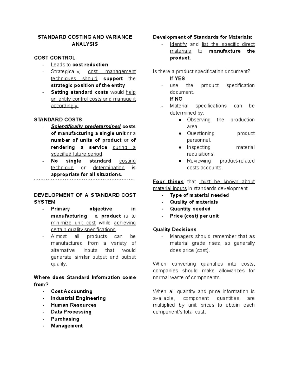 Standard Costing Reviewer - STANDARD COSTING AND VARIANCE ANALYSIS COST ...