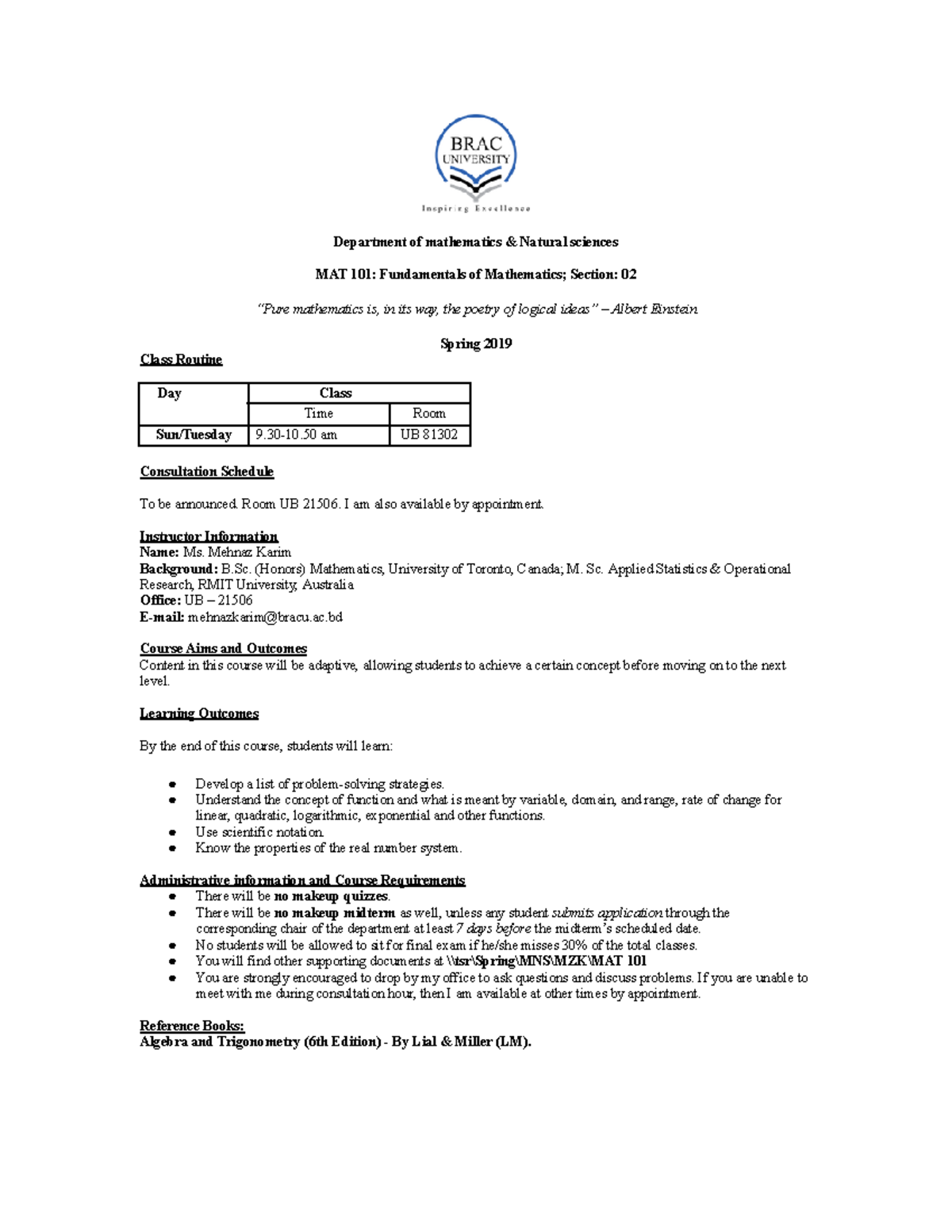 Course Outline Mat 101 Sec 02 - Department of mathematics & Natural ...