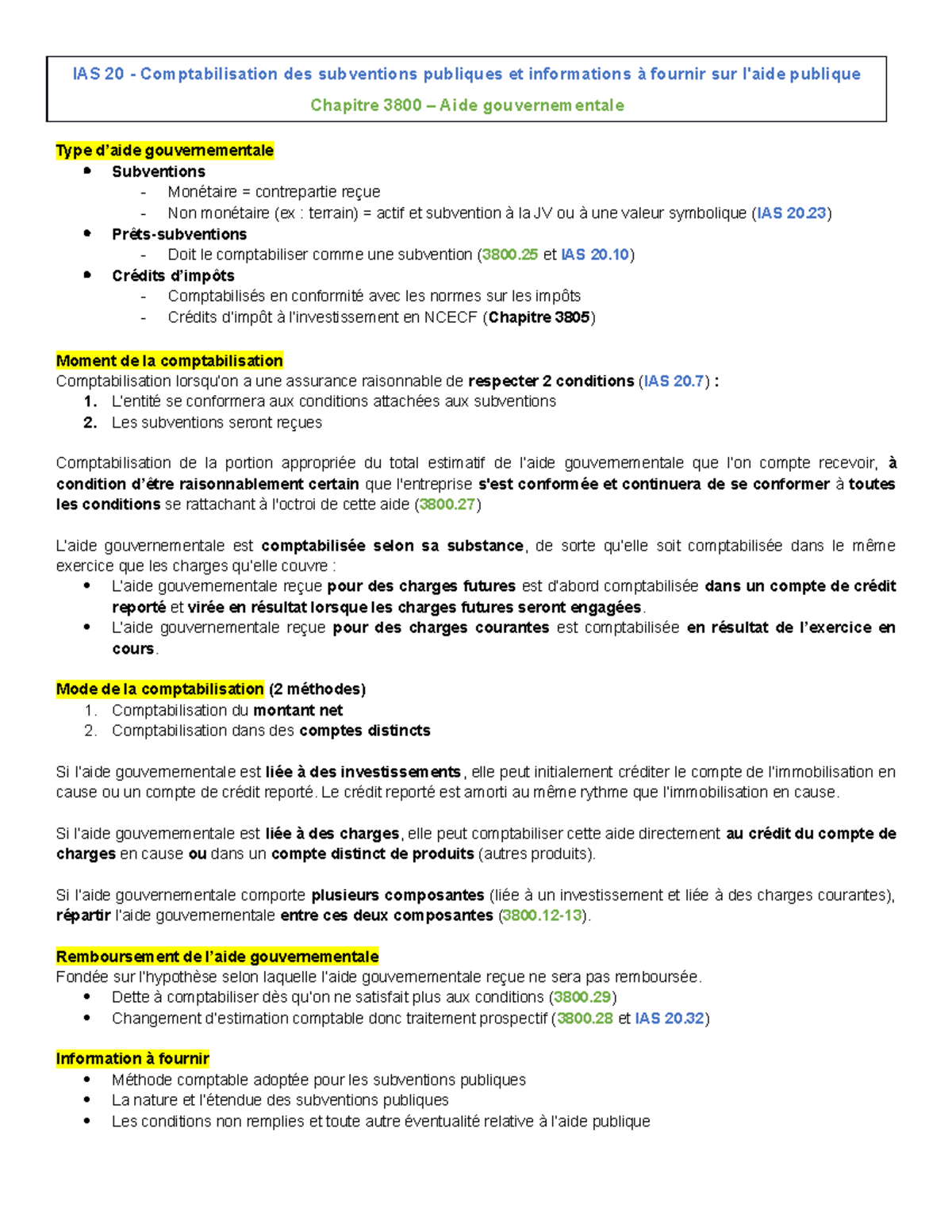 Fiche de lecture IAS 20 et Chapitre 3800 - IAS 20 - Comptabilisation des subventions publiques ...