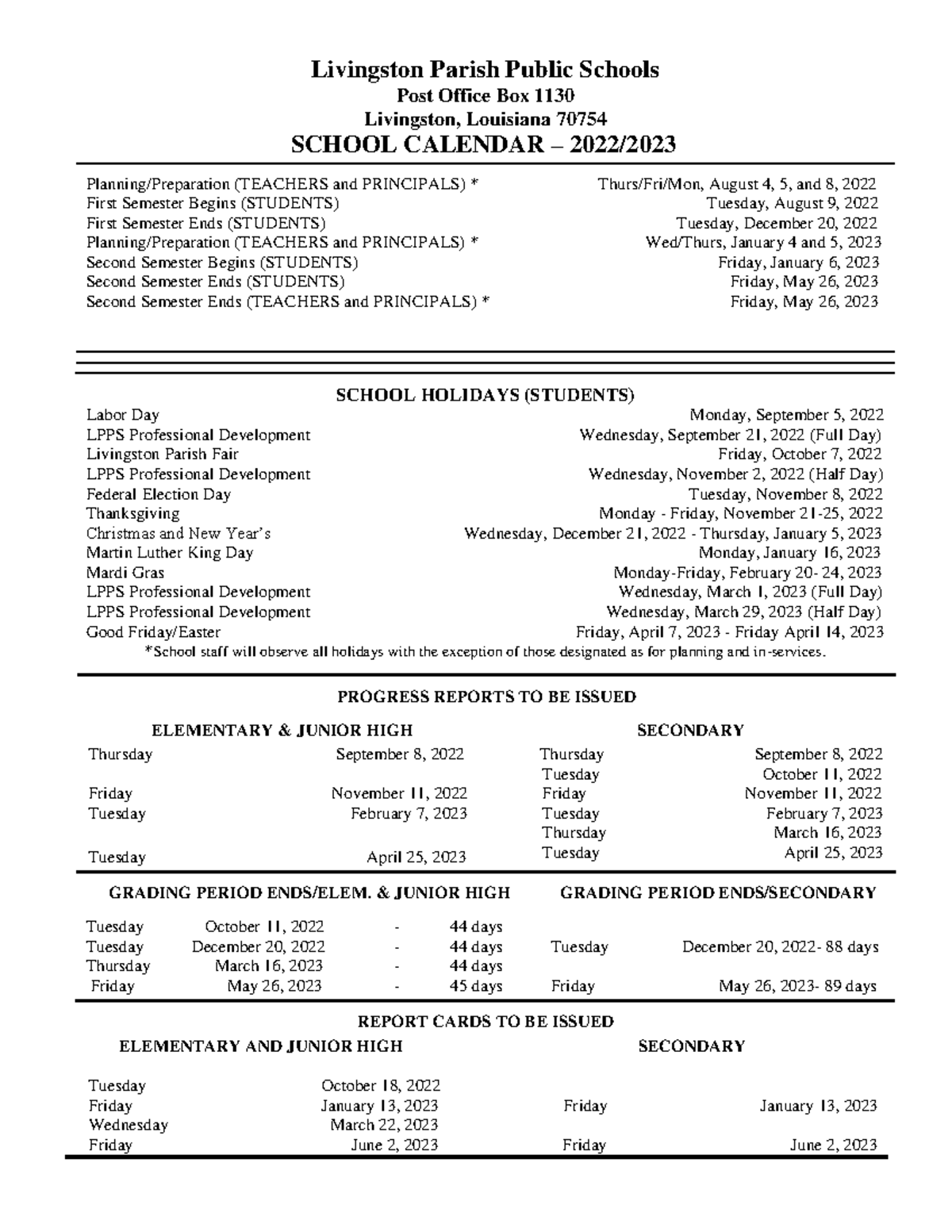 School Calendar - it has math problems - Livingston Parish Public ...