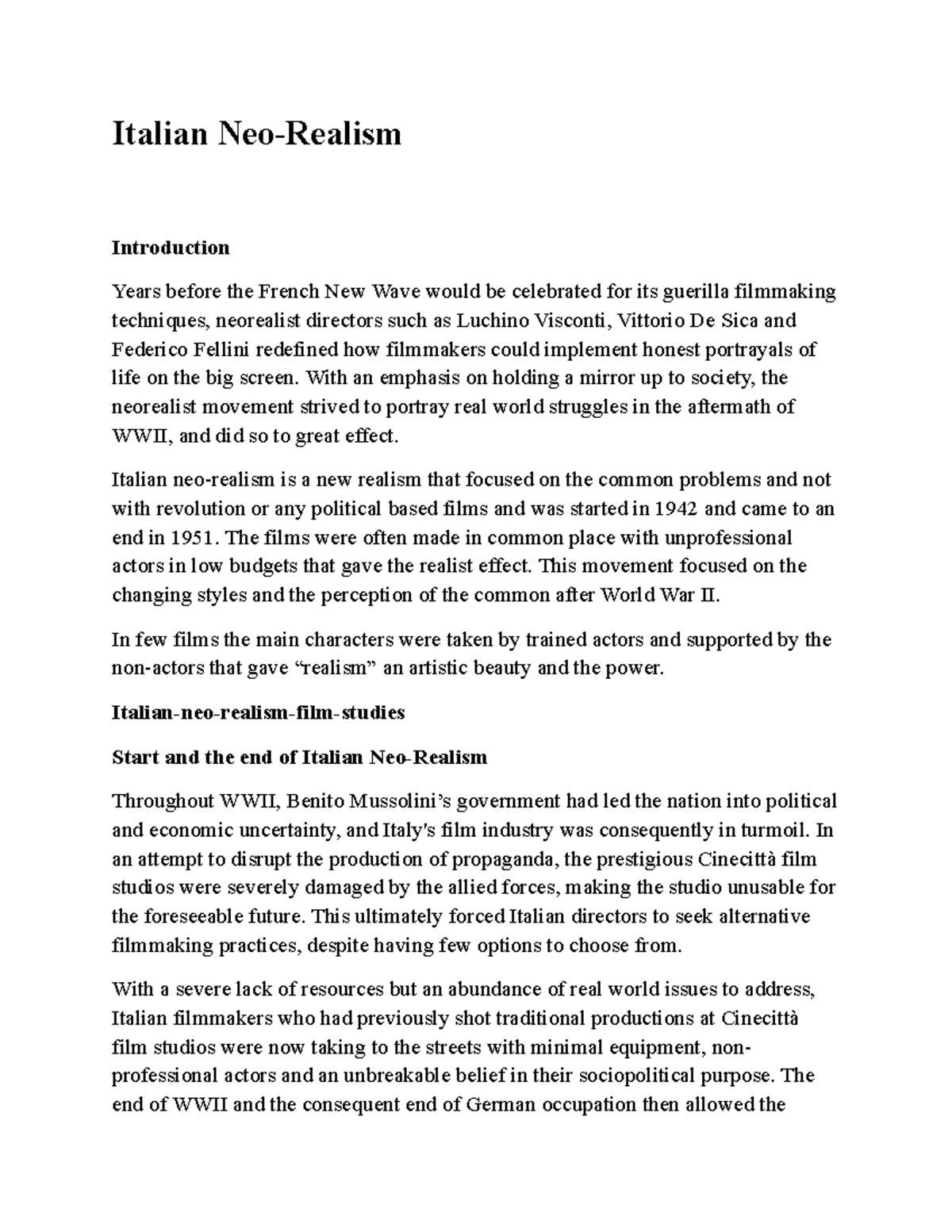 Italian Neo - Italian Neo-Realism Introduction Years before the French ...