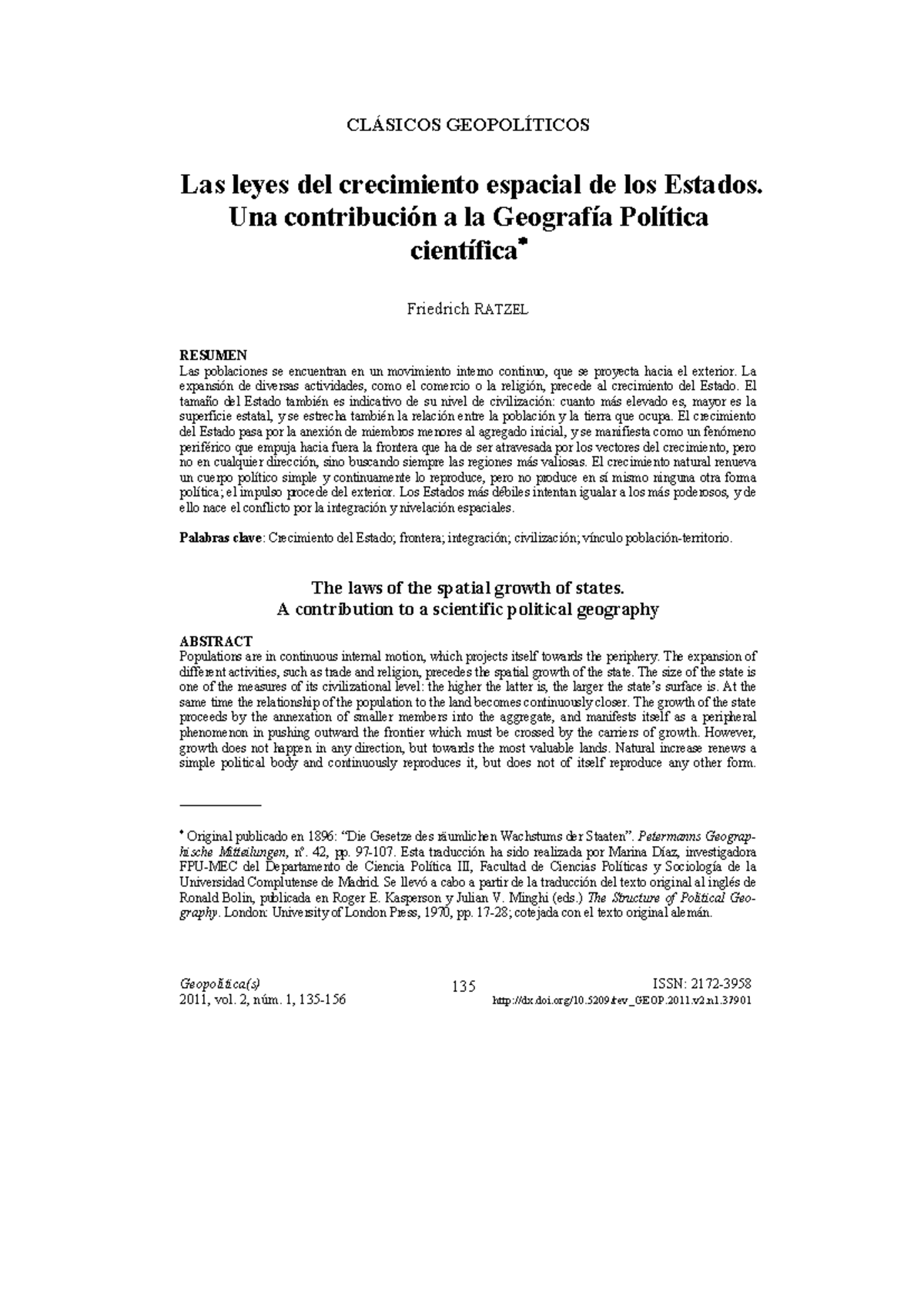 Las siete leyes de Ratzel - Geopolítica(s) ISSN: 2172- 2011, vol. 2 ...
