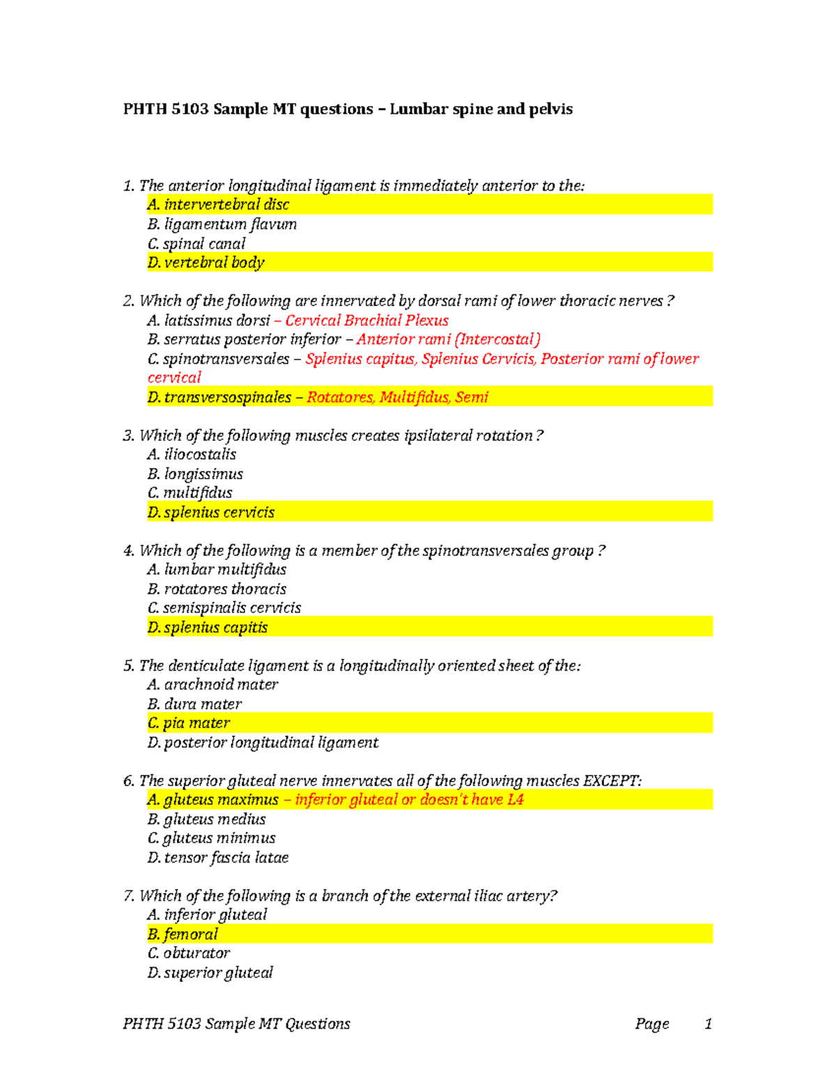 5103 MT Sample MCQs - fknf - PHTH 5103 Sample MT questions – Lumbar ...