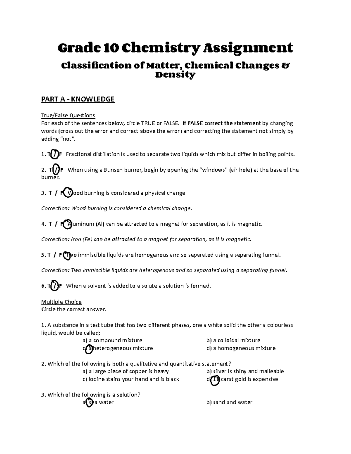 Unit 1 Chemistry Assignment - Grade 10 Chemistry Assignment ...
