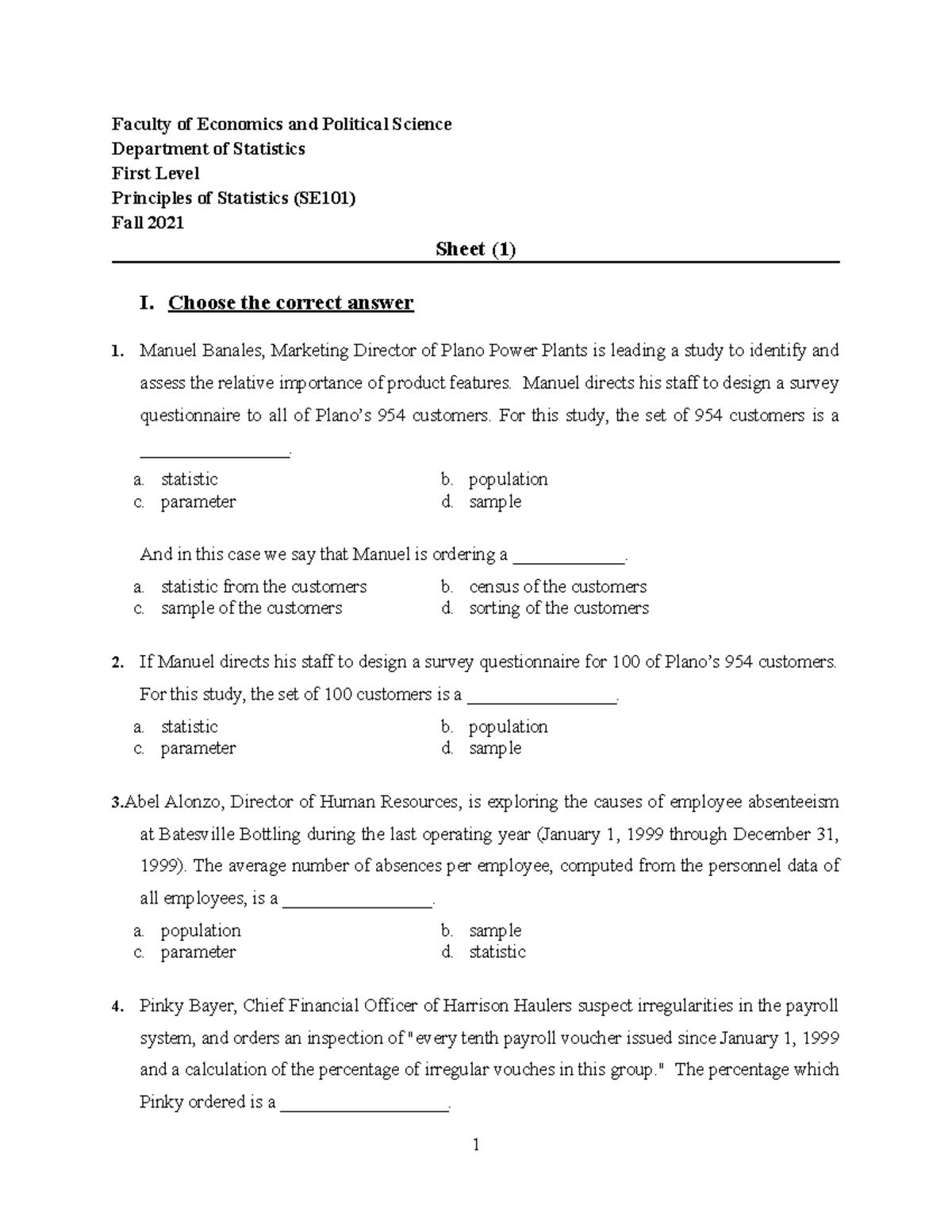 Sheet 1 SE101 Intro To Statistics SE101 Faculty Of Economics And sheet-1-se101-intro-to-statistics-se101-faculty-of-economics-and