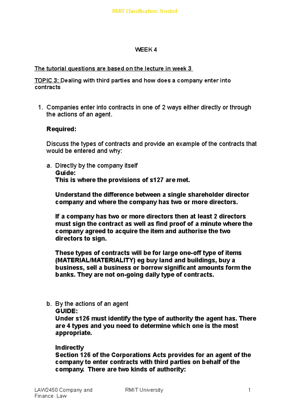 Week 3 Contracts with third parties - WEEK 4 The tutorial questions are based on the lecture in ...