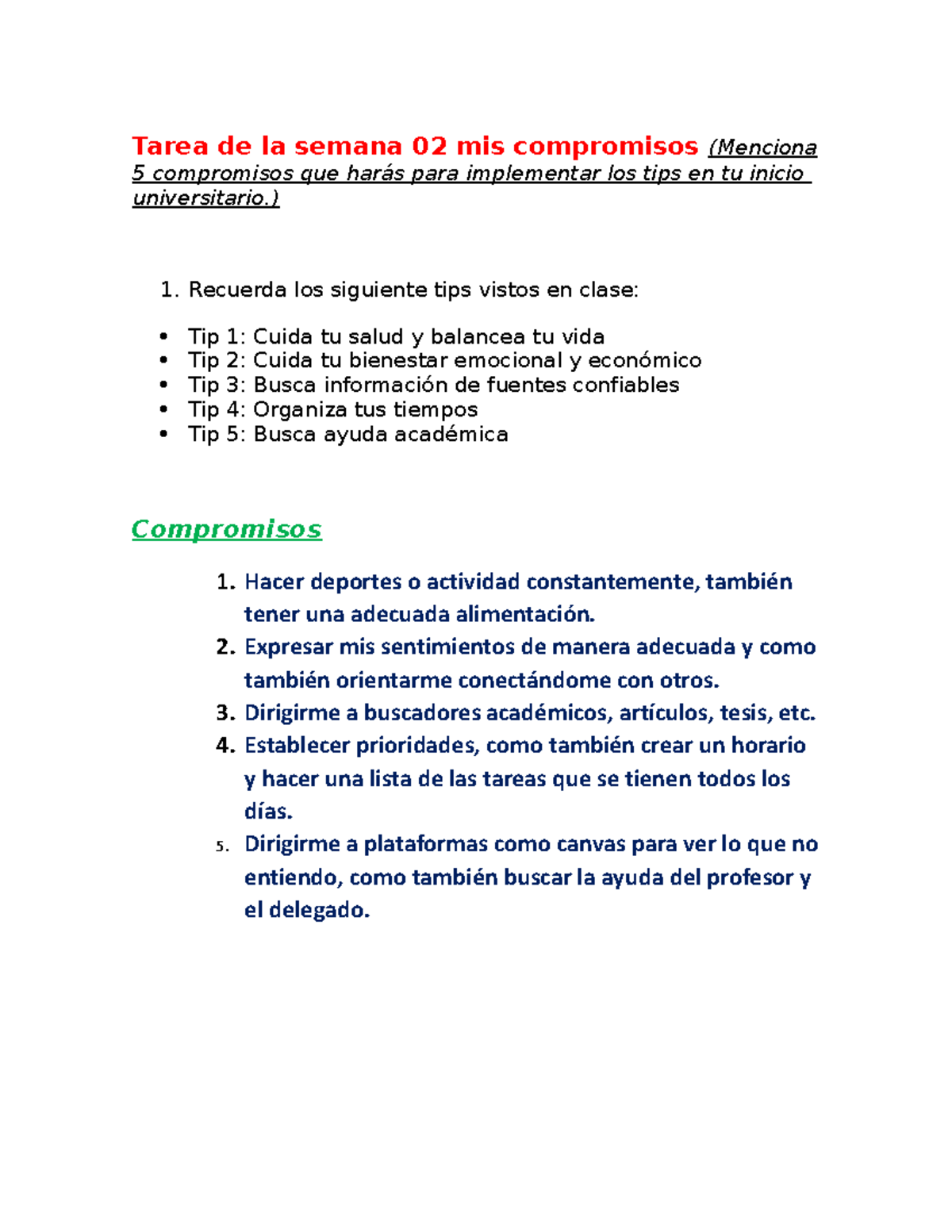 Mis compromisos s2 - Vamos con todo - Tarea de la semana 02 mis compromisos (Menciona 5 ...