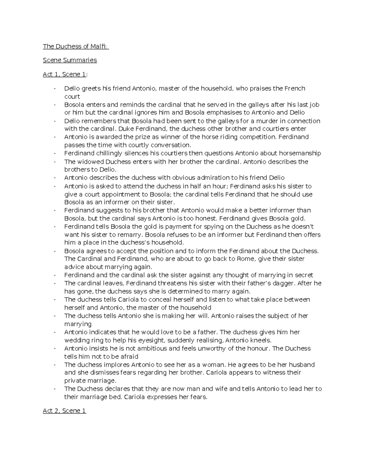 Scene Summaries - The Duchess of Malfi: Scene Summaries Act 1, Scene 1 ...