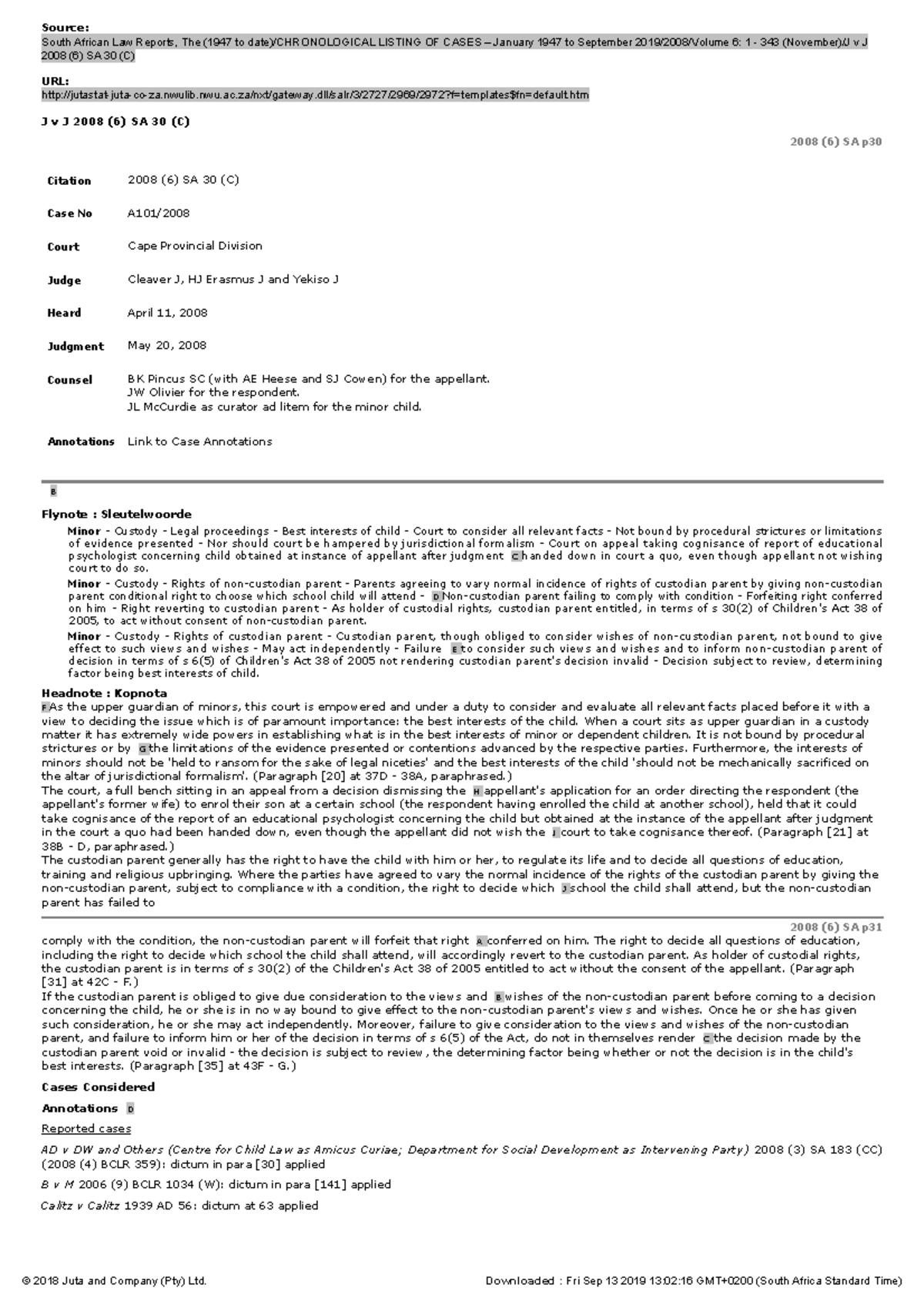 J v J 2008 (6) SA 30 (C) - Case Law - Source: South African Law Reports ...