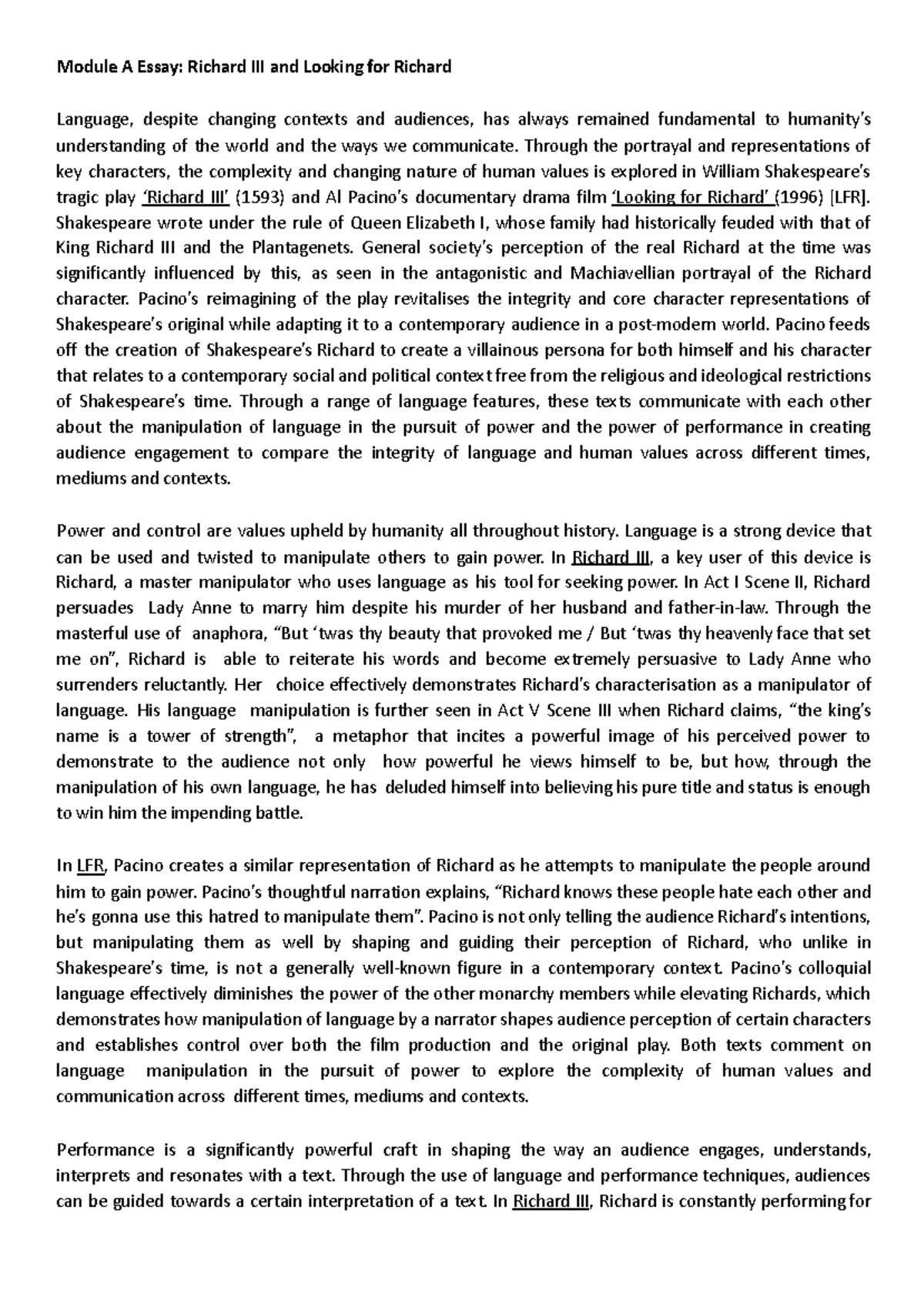 Trial Essay On Richard III and Looking for Richard (Module A) - Module ...