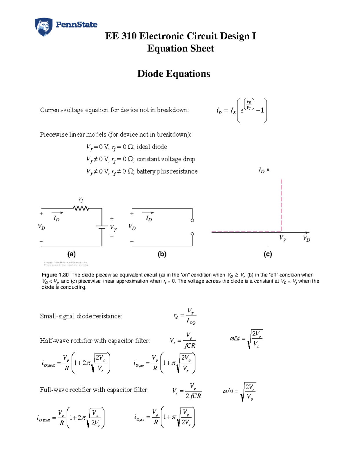 Equation Sheet for Exam 1 - Diode Equations EE 310 Electronic Circuit ...