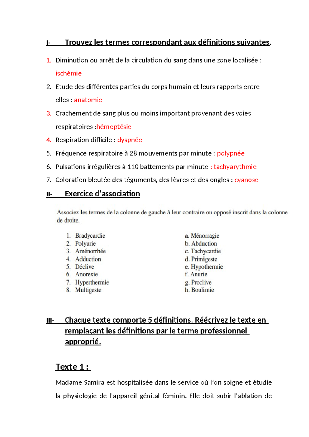 Exercice en terminologie Médicale M - I- Trouvez les termes ...
