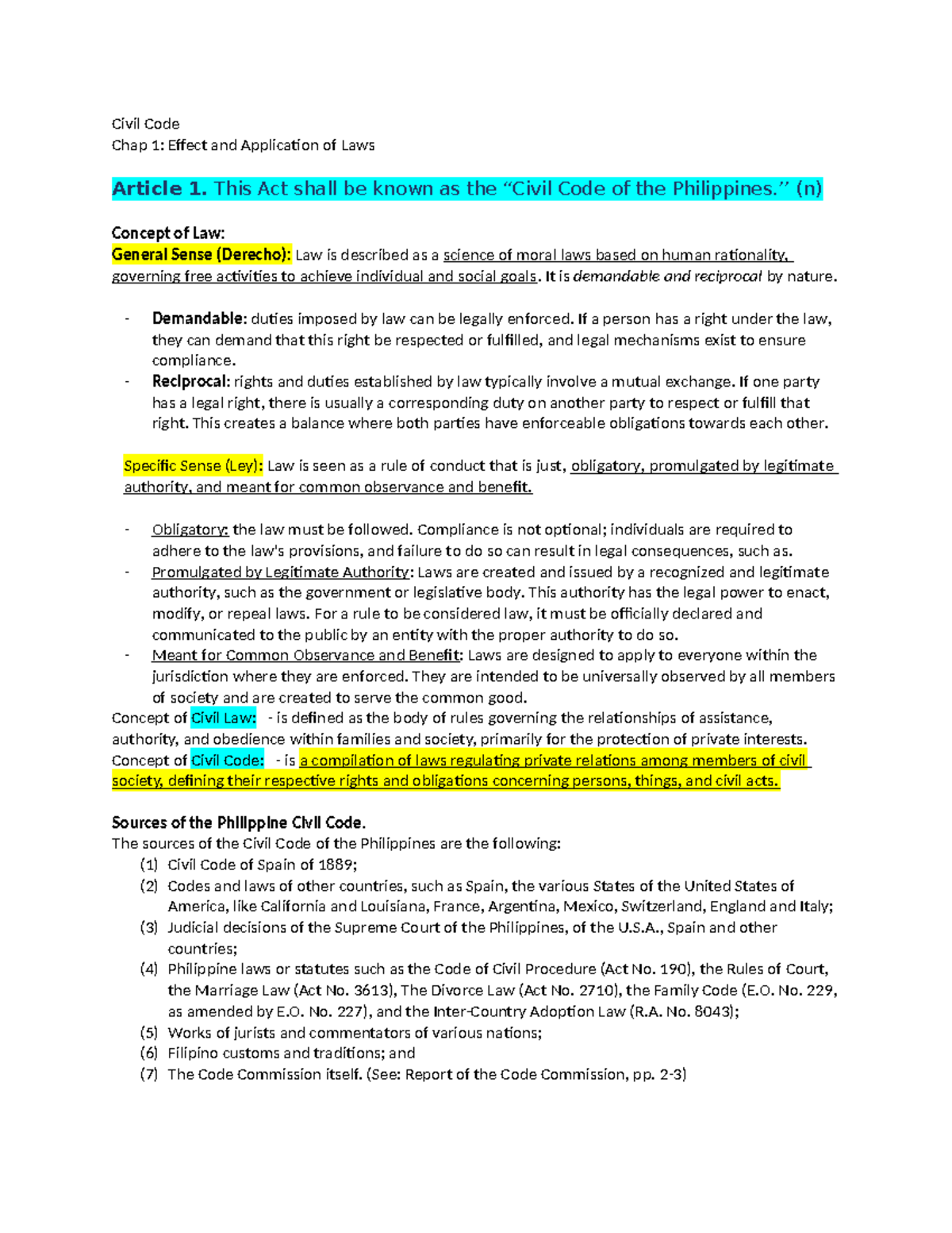 1) PFR Notes A1-A7 (pg 1-33) - Civil Code Chap 1: Effect and ...