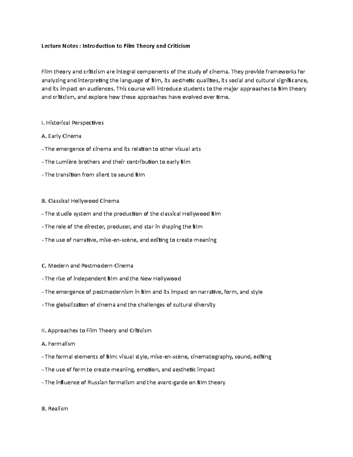 Lecture Notes: Introduction to Film Theory and Criticism - Lecture ...