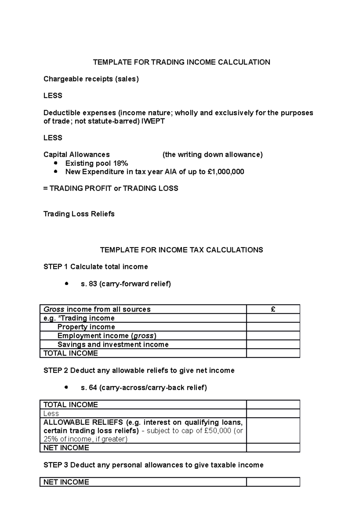 Template FOR Trading Income, TAX AND CGT - TEMPLATE FOR TRADING INCOME ...