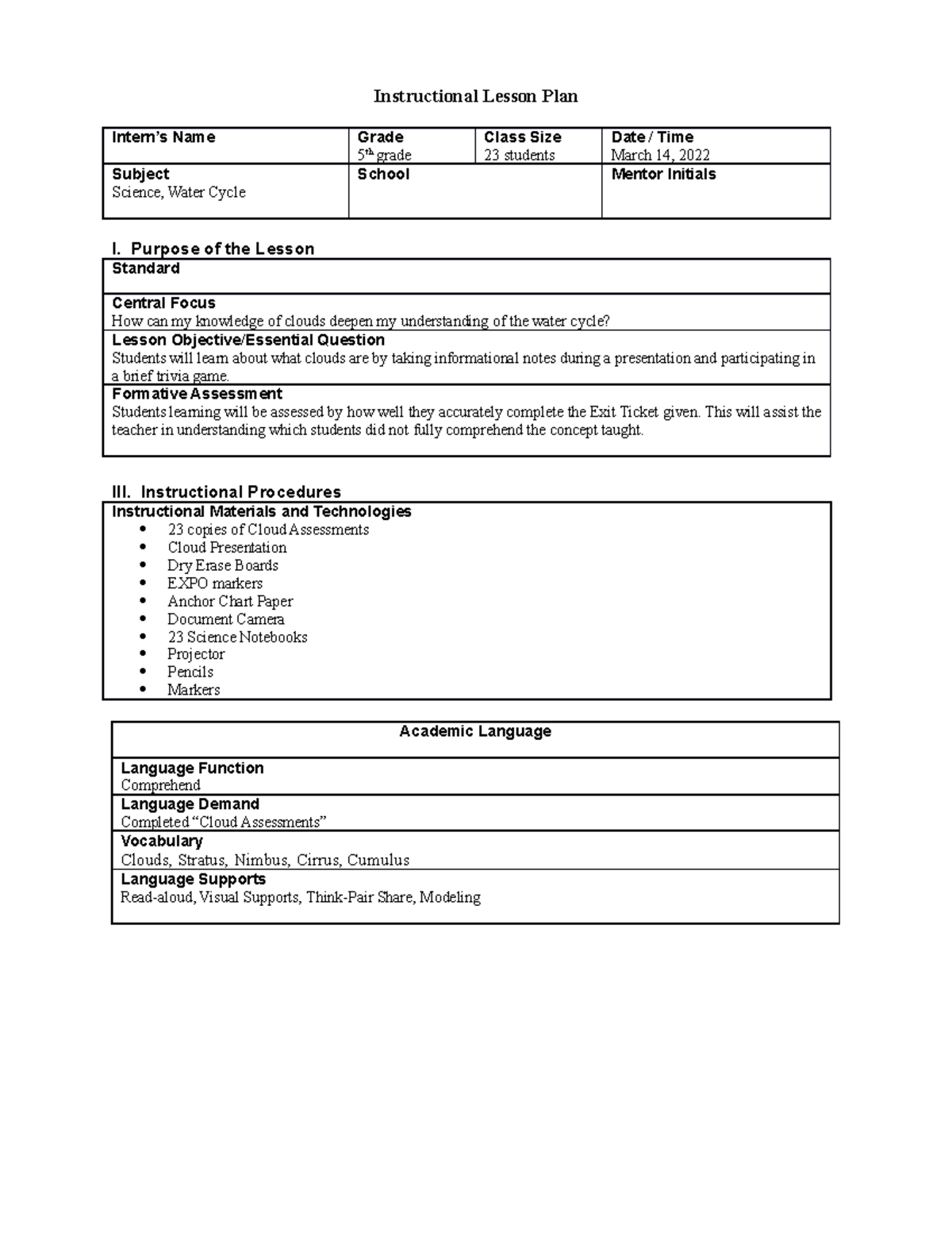 Clouds Lesson Plan Price - Instructional Lesson Plan Intern’s Name ...