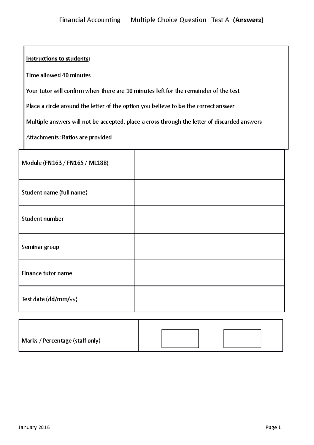 financial accounting multiple choice Test A 2016, answers - Financial ...