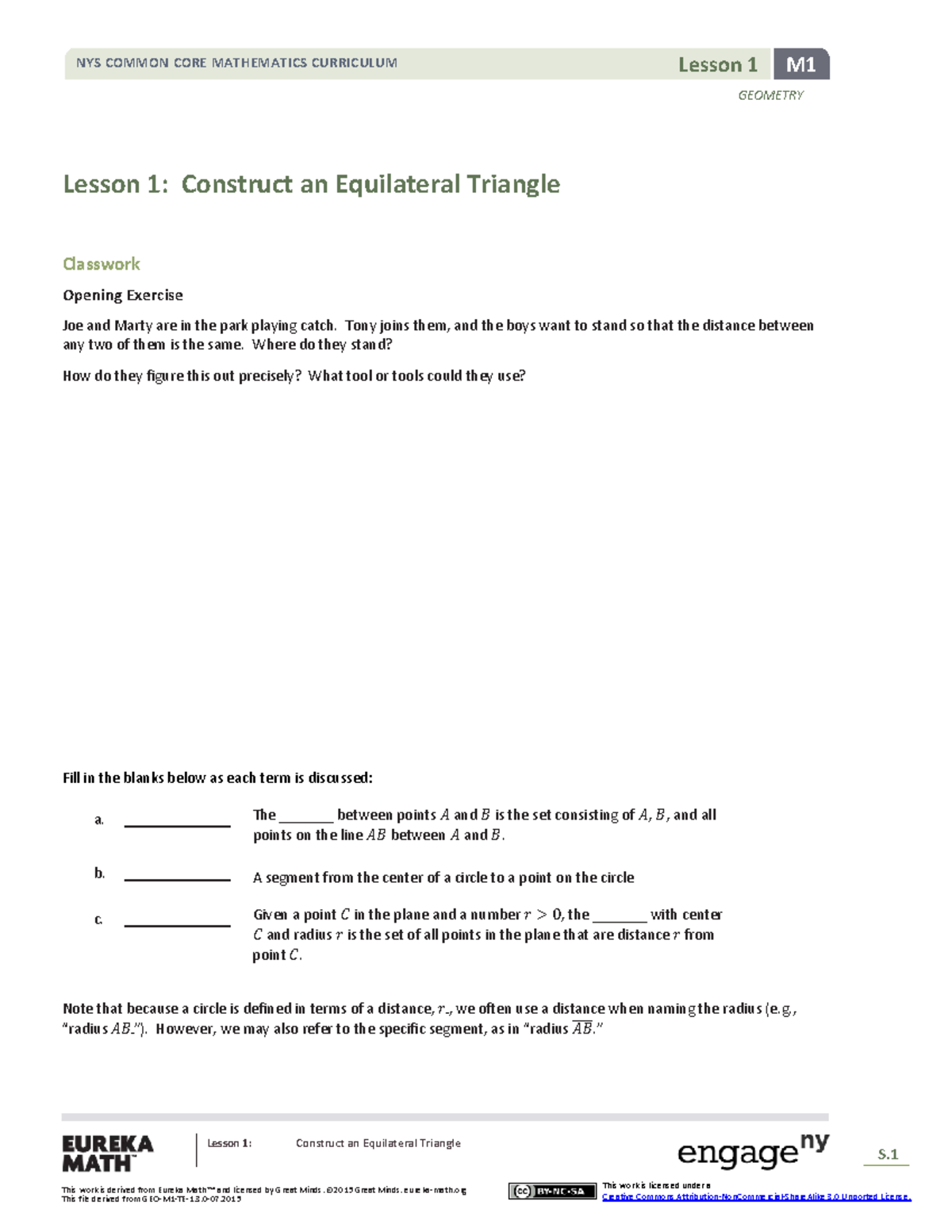 Geometry m1 topic a lesson 1 student - GEOMETRY Lesson 1: Construct an ...