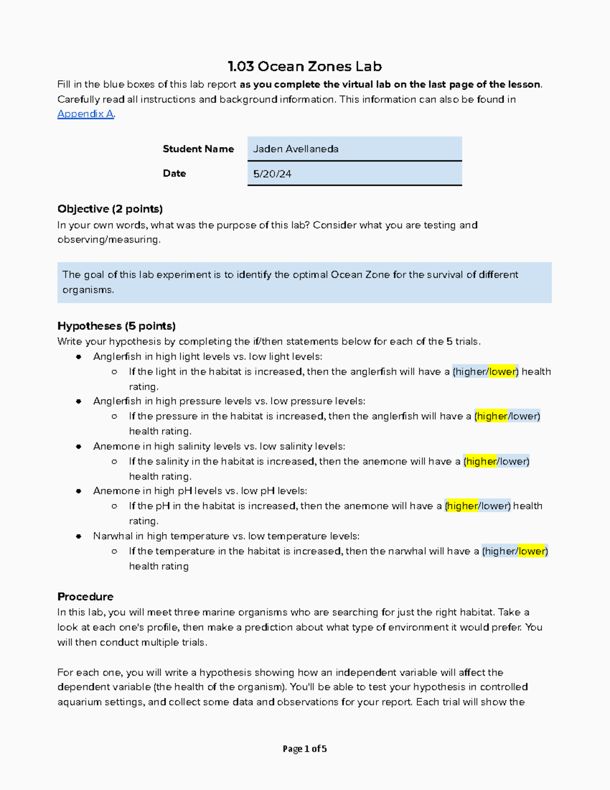 Lab Report - idk - 1 Ocean Zones Lab Fill in the blue boxes of this lab ...