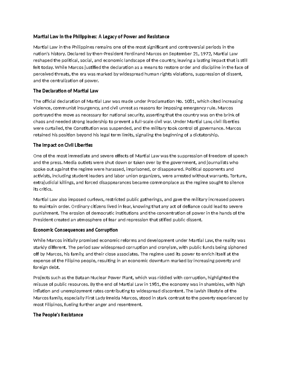 Martial Law essay - Martial Law in the Philippines: A Legacy of Power ...