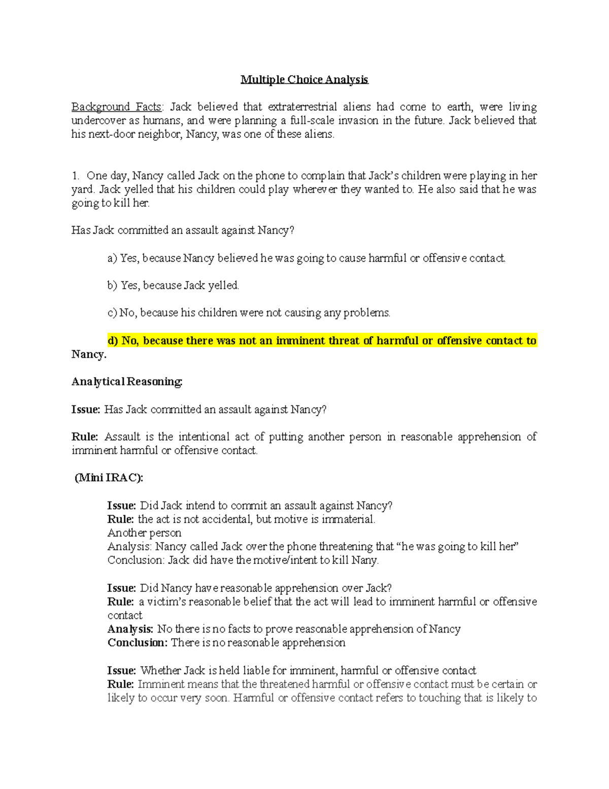 Fall 2022 Torts MC Analysis - Multiple Choice Analysis Background Facts ...