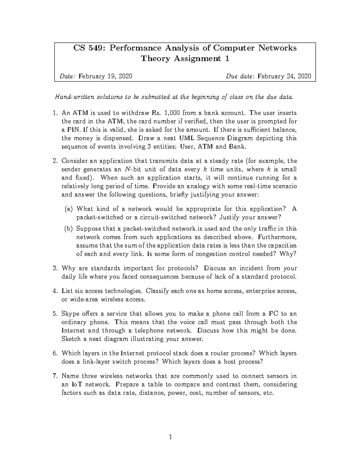PACN 2020 - ass - CS 549: Performance Analysis of Computer Networks Theory Assignment 1 Date ...