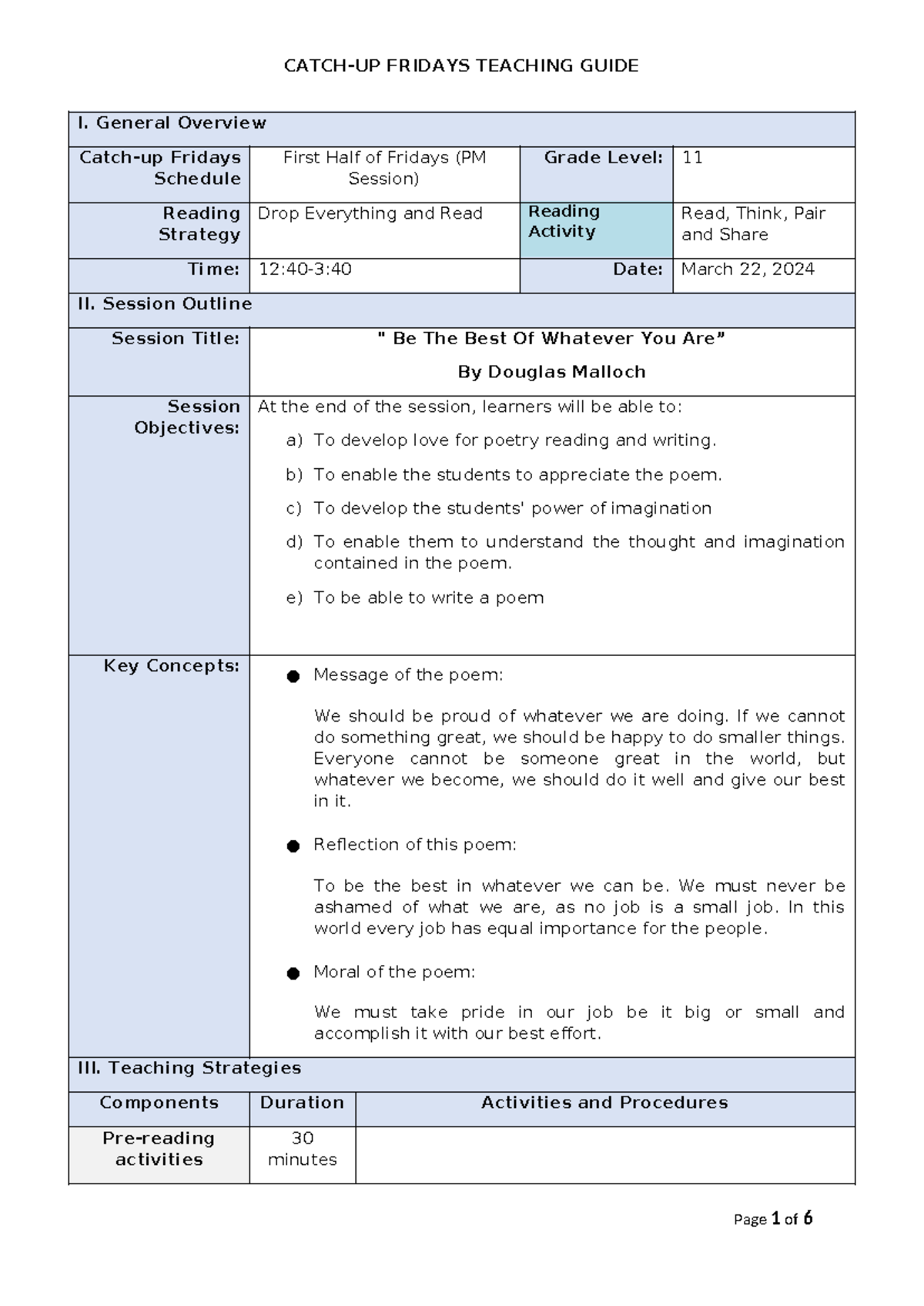 Mar 22 DEAR English Catchup Friday Lesson Plan - I. General Overview ...