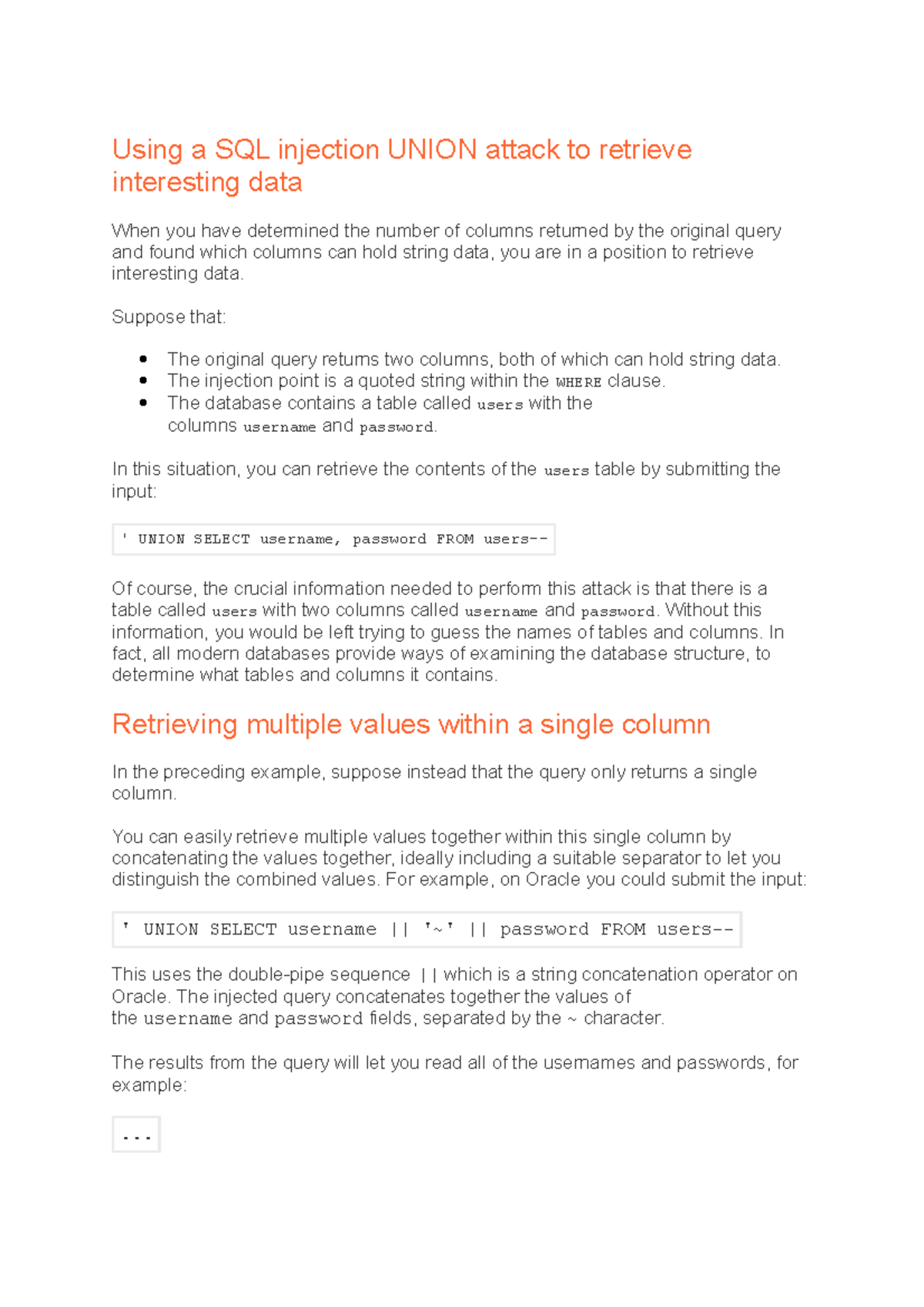 Using a SQL injection Union attack to retrieve interesting data - Retrieving multiple values ...