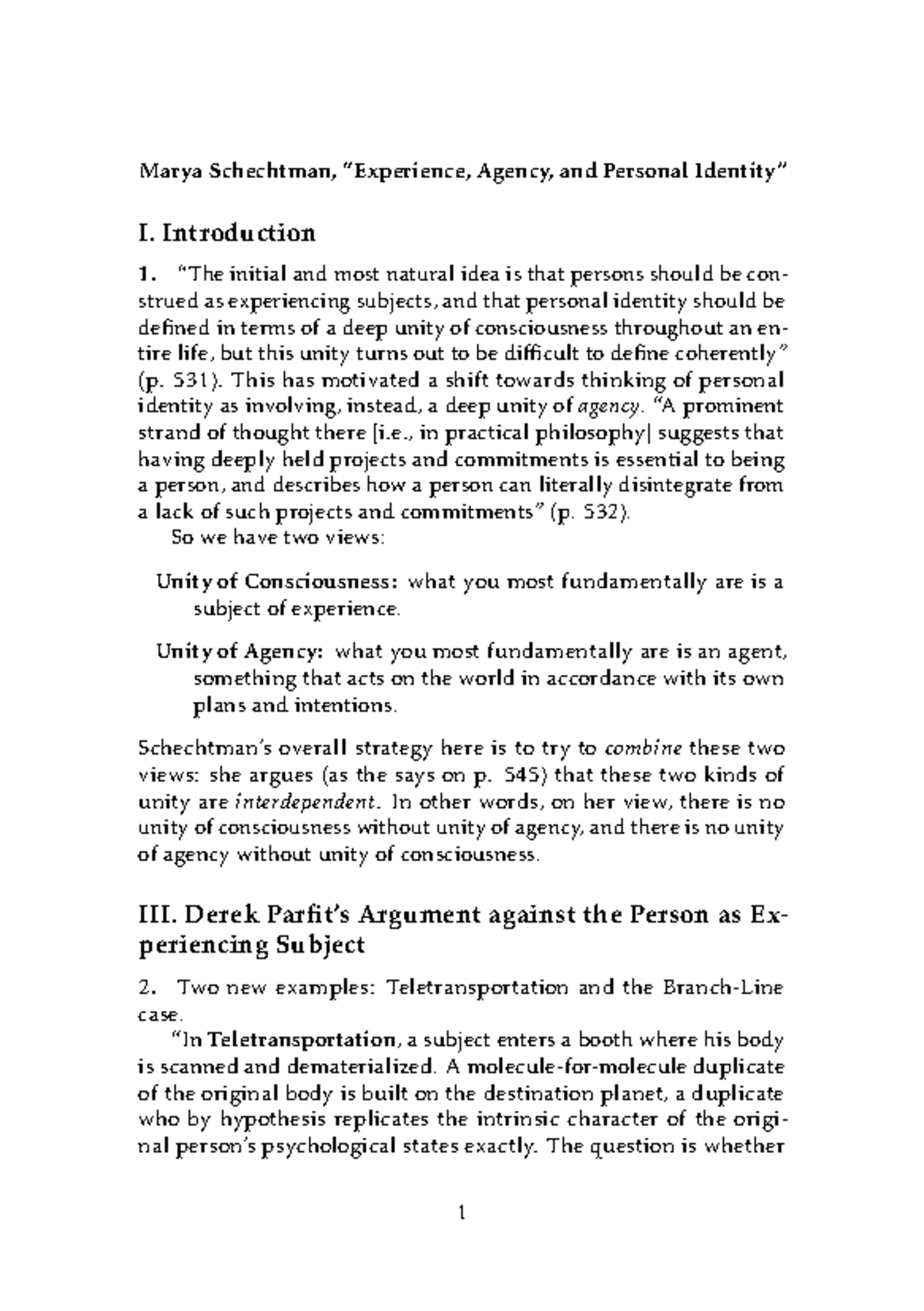 Personal Identity and Unity of Consciousness and Agency - Studocu