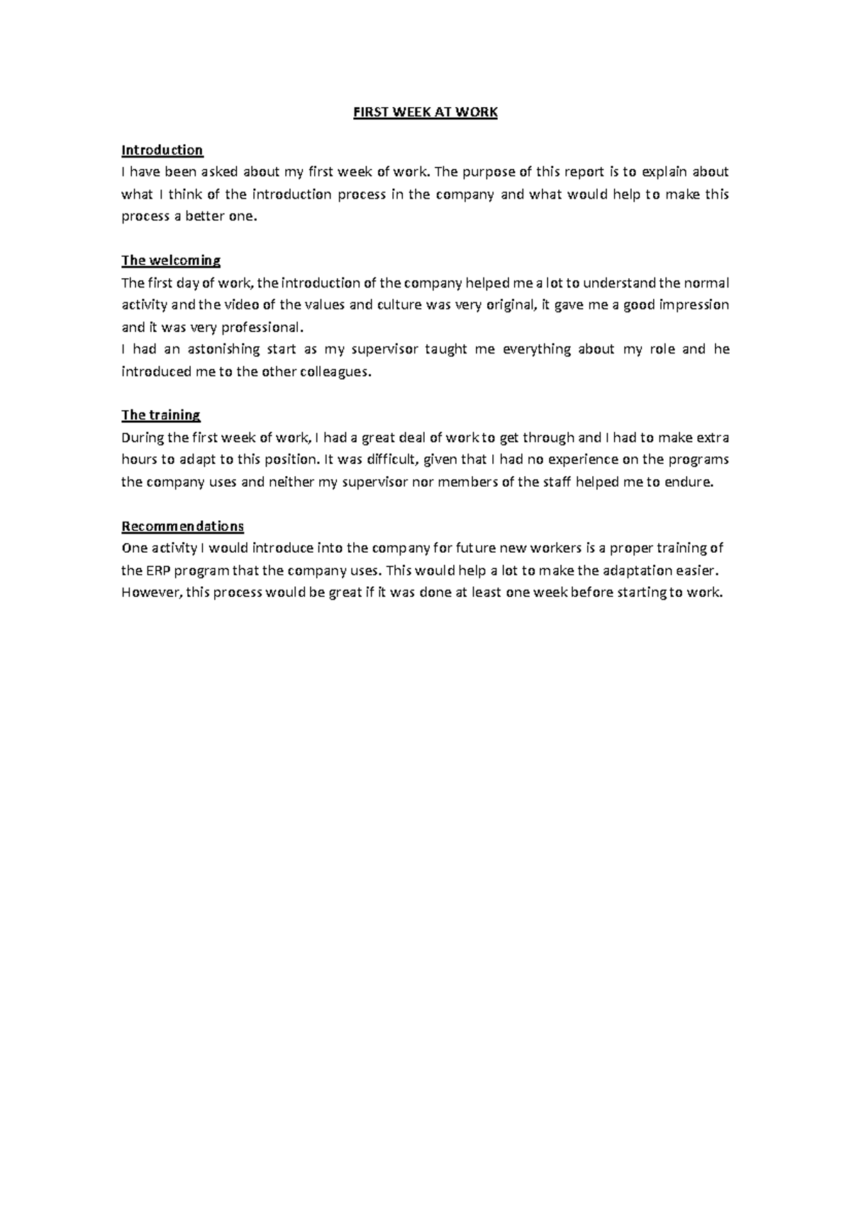 Report 2 - Ejemplo - FIRST WEEK AT WORK Introduction I have been asked ...