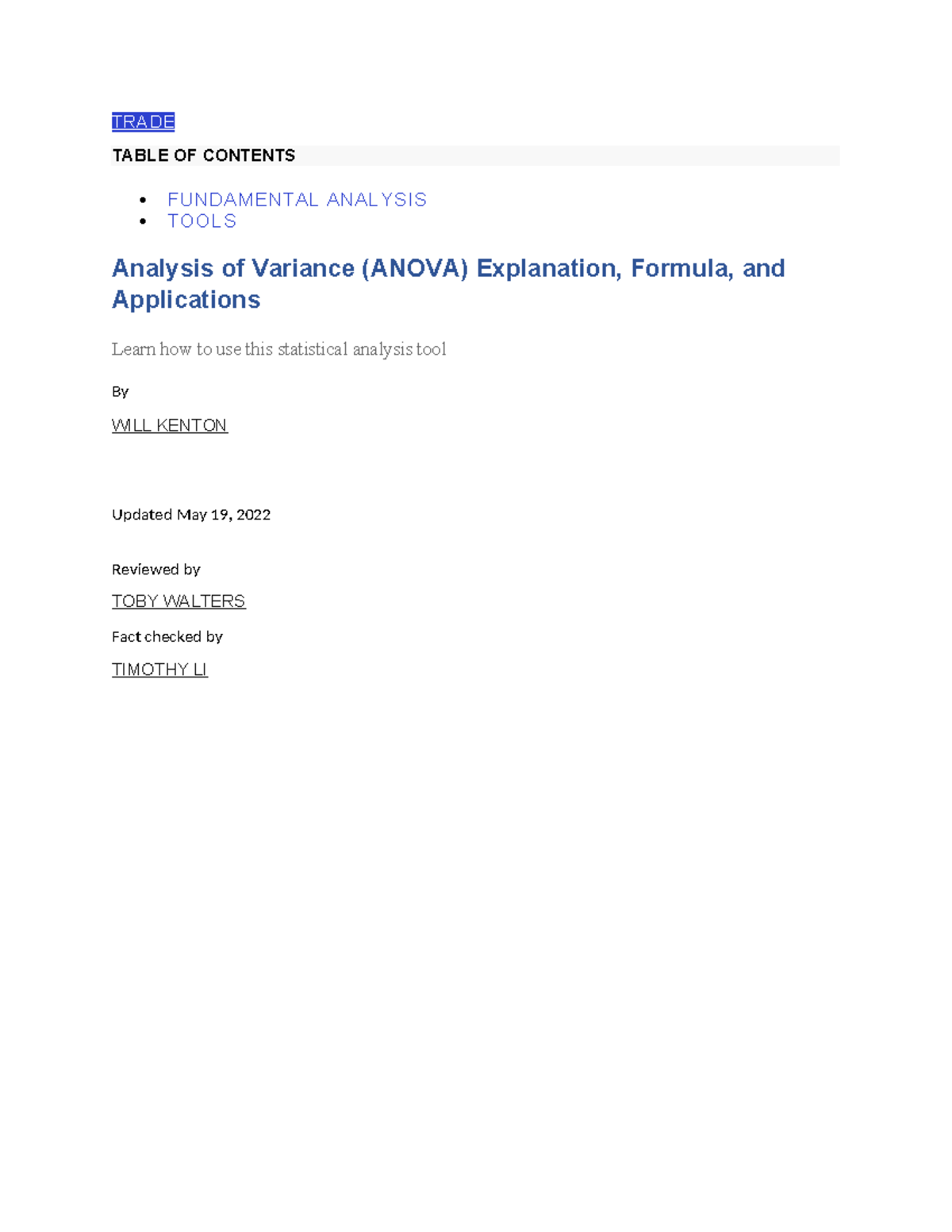 Analysis variance - TRADE TABLE OF CONTENTS FUNDAMENTAL ANALYSIS TOOLS Analysis of Variance ...