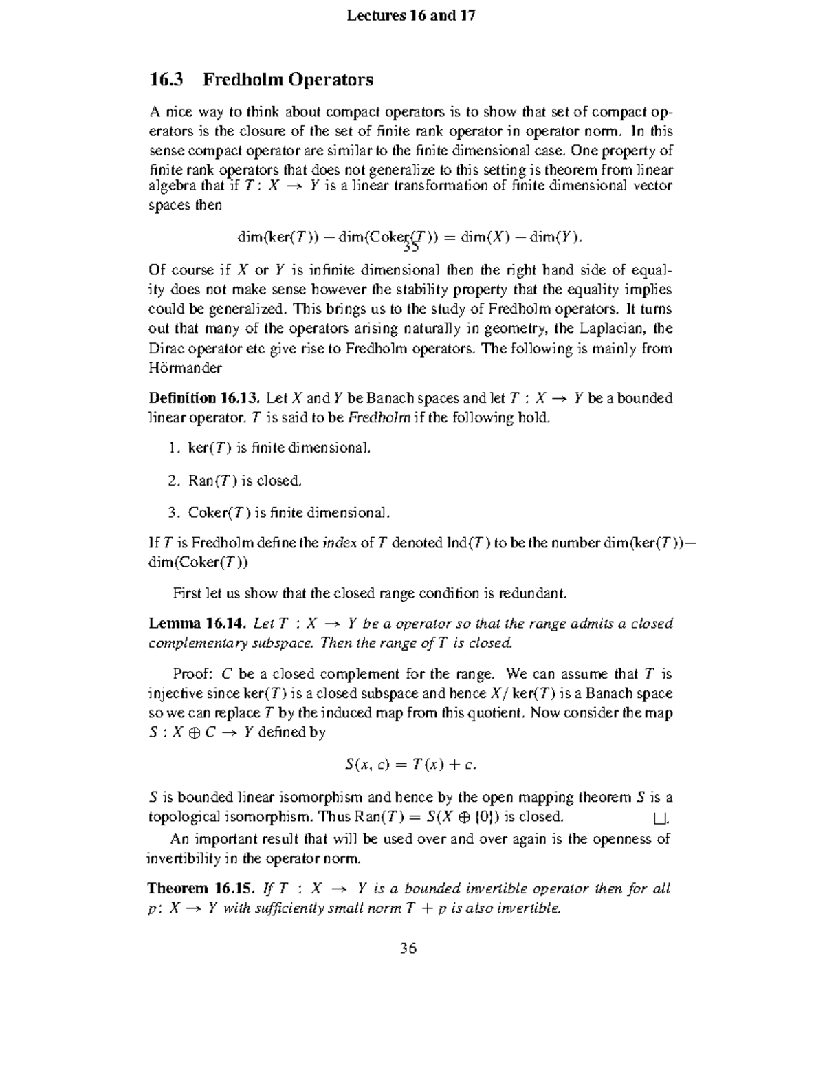 Lecture 16 17 A Brief Introduction to Linear Analysis: Fredholm ...