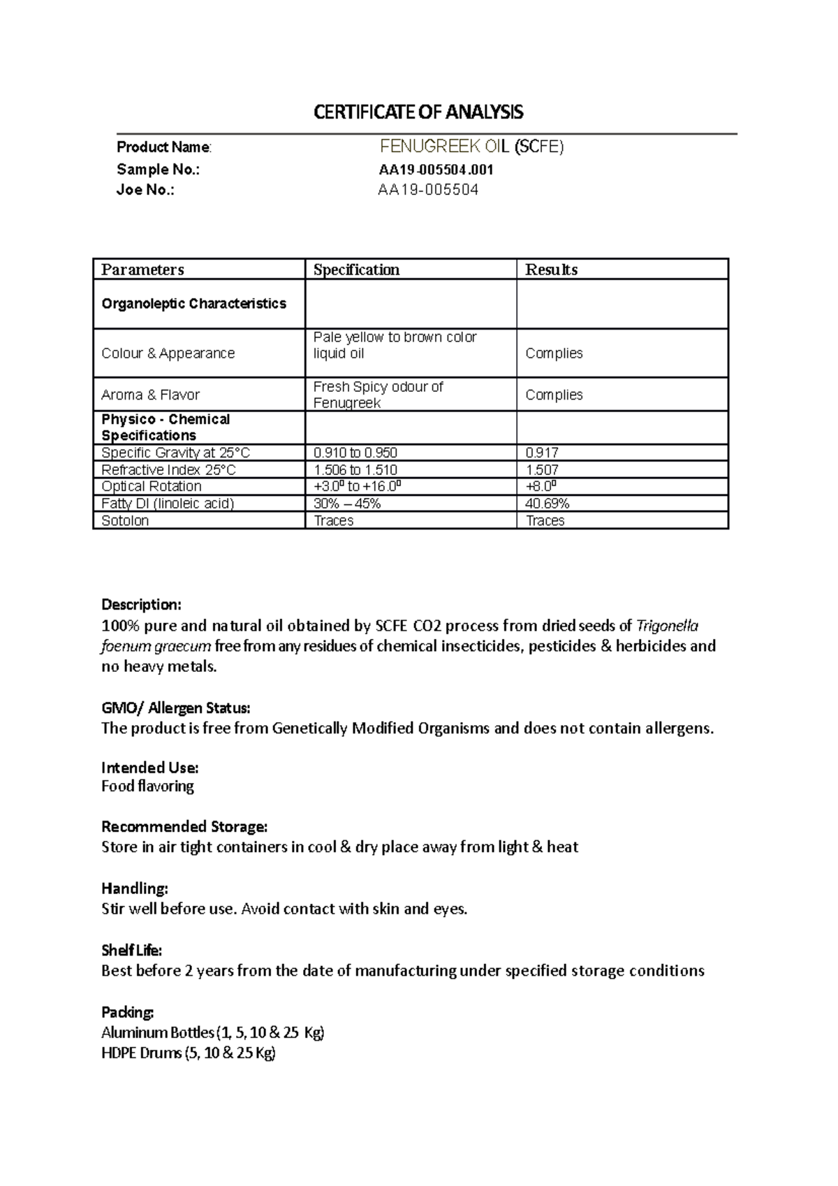 Fenugreek OIL - COA - good extraction - CERTIFICATE OF ANALYSIS Product ...