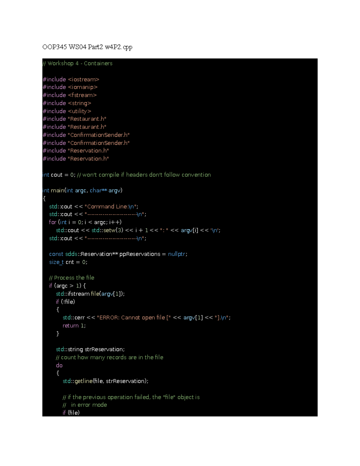 OOP345 WS04 Part2 w4P2 cpp - OOP345 WS04 Part2 w4P2 // Workshop 4 - Containers #include #include ...