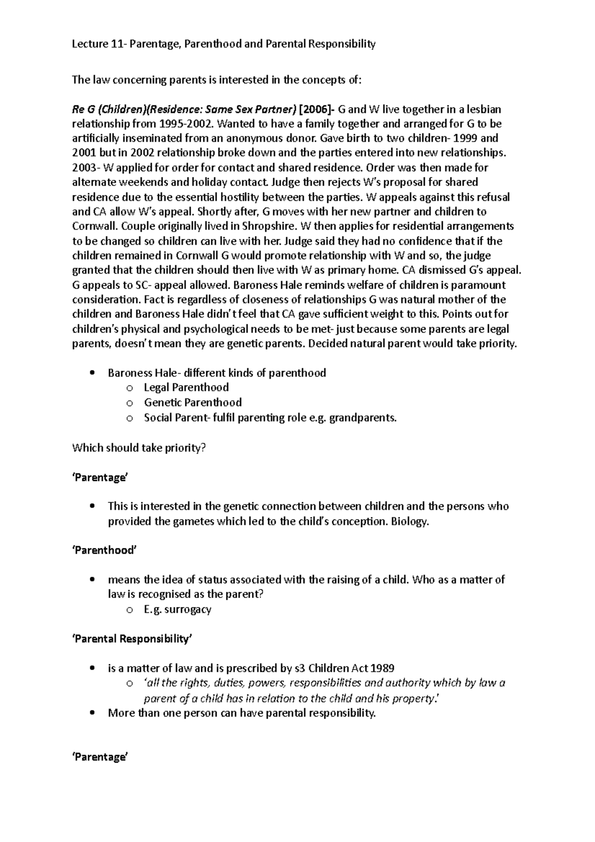 Lecture 11- Parentage, Parenthood and Parental Responsibility - The law ...