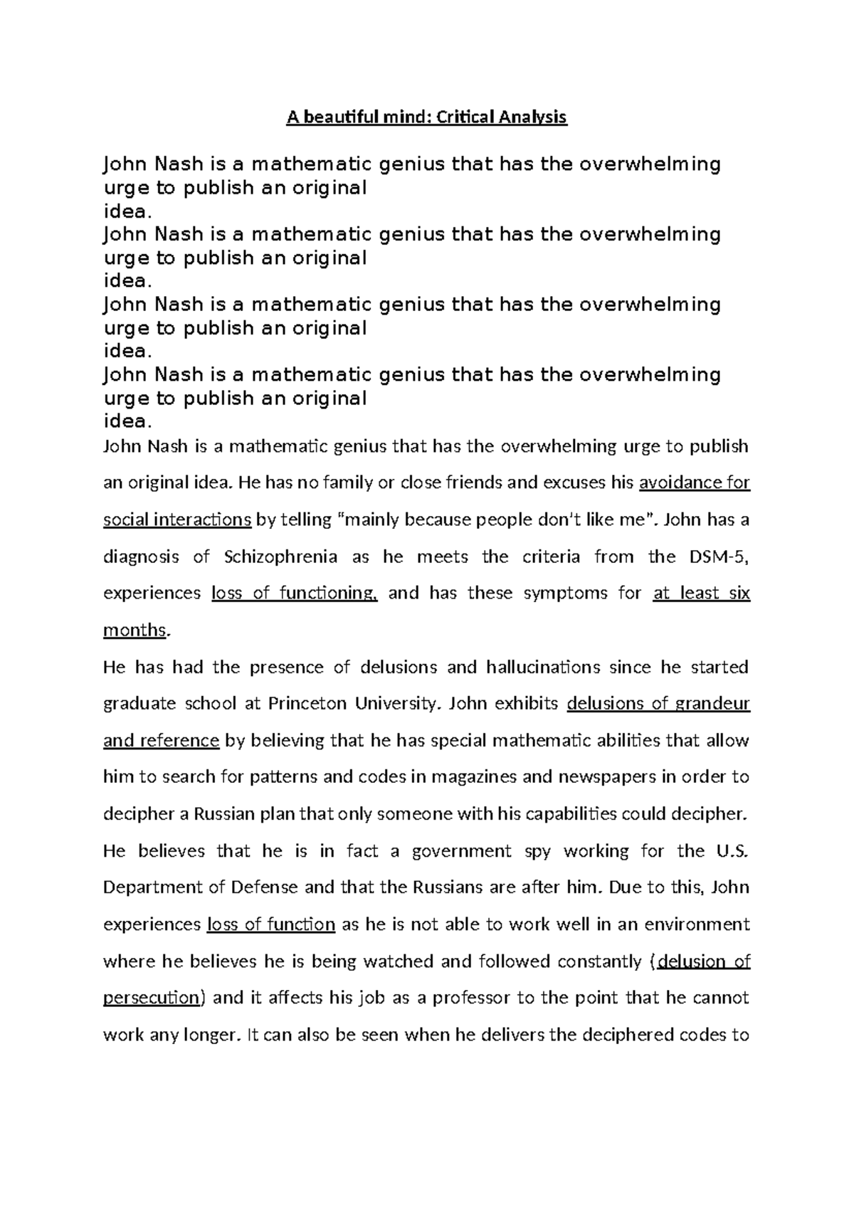 A beautiful mind - Summary Introduction to Psychology I - A beautiful ...