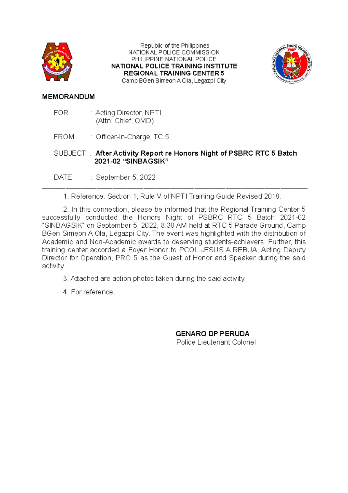 After Activity Report re Honors Night of Psbrc RTC 5 Batch 2021-02 Sinbagsik - Republic of the ...