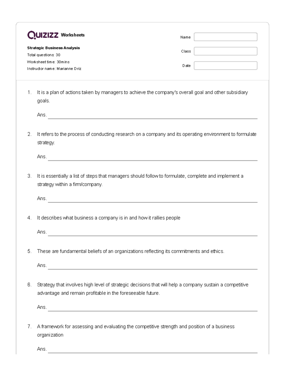 Strategic Business Analysis Quizizz - Worksheets Strategic Business Analysis Total questions: 30 ...
