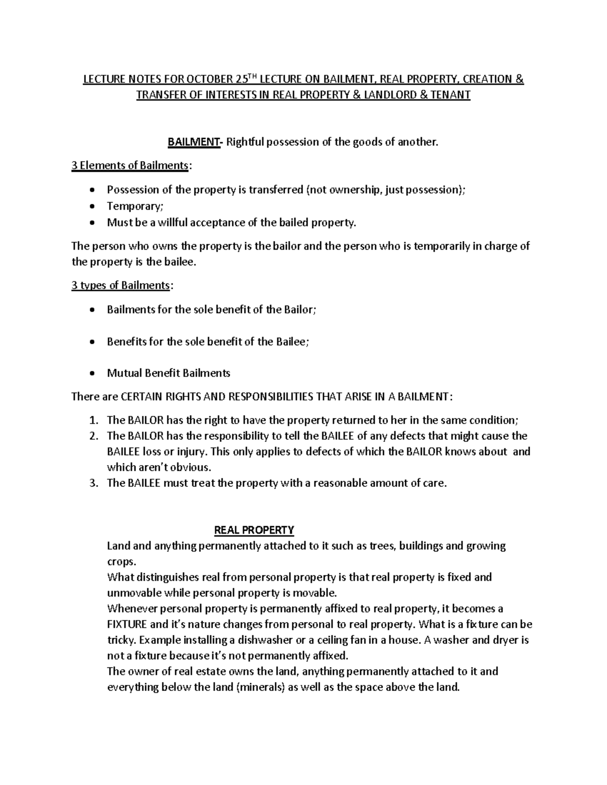 Lecture Notes For October 25th Lecture On Bailment Lecture Notes For October 25th Lecture On