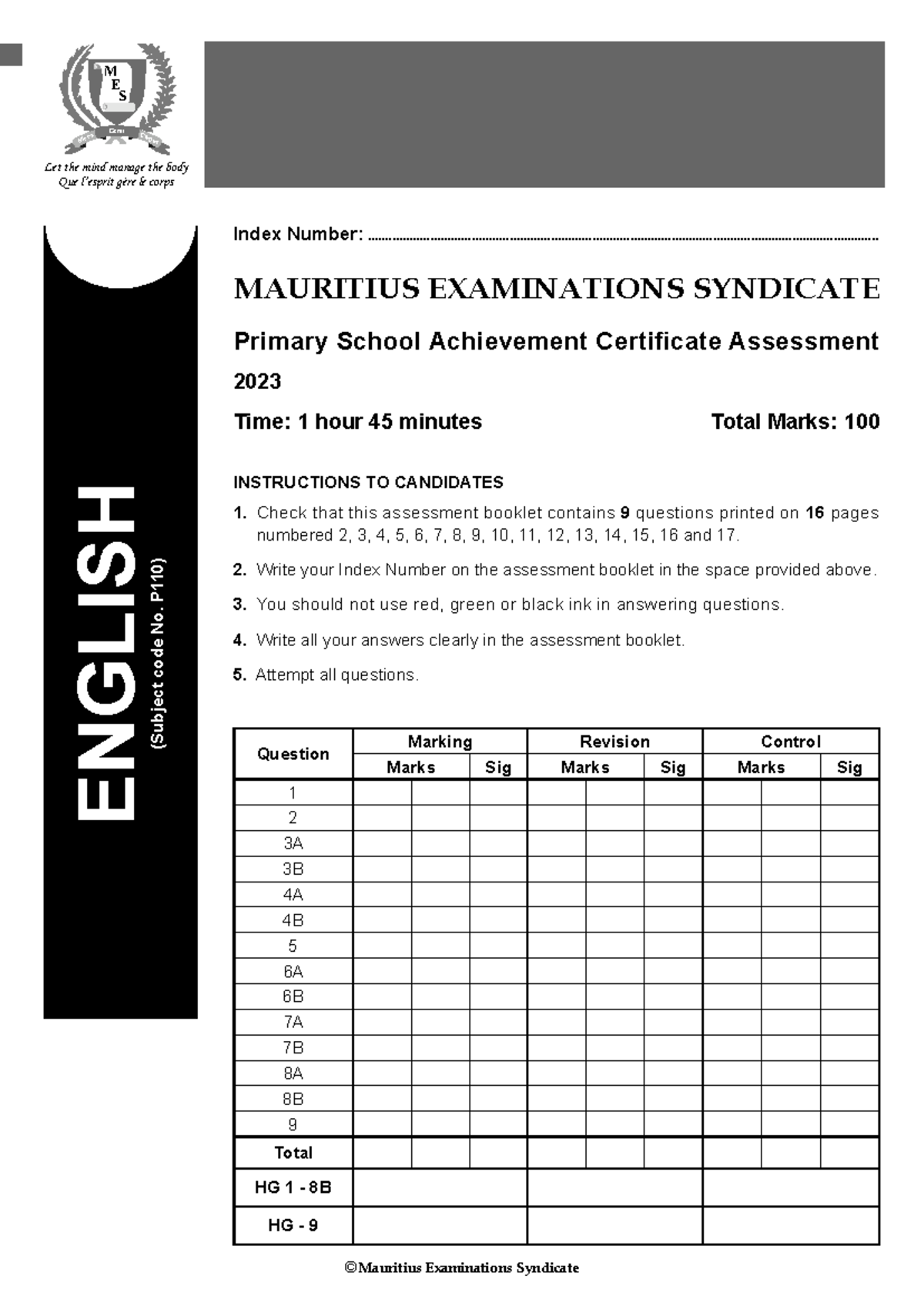 English grade 9 - Index Number: - Studocu