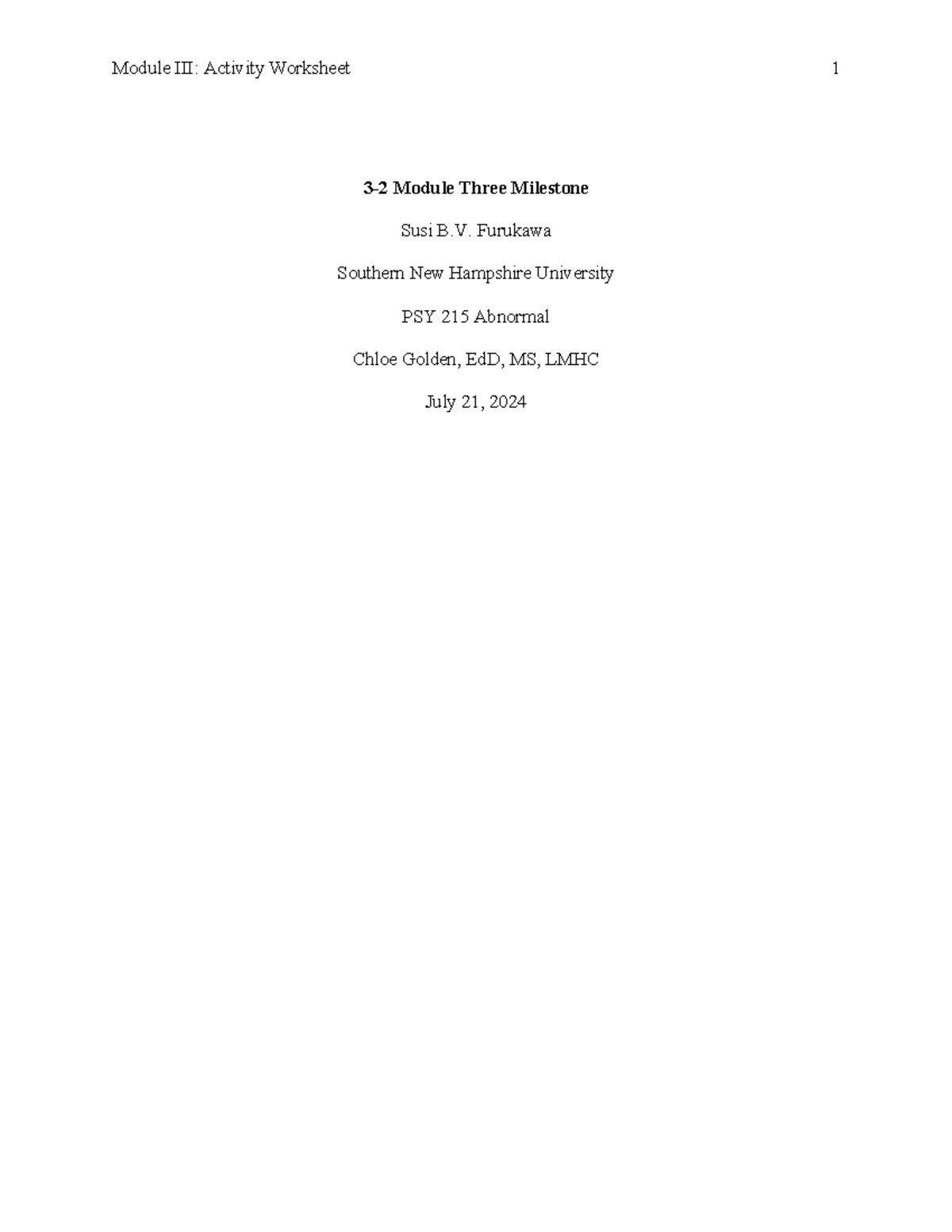 PSY 215 Module Three Activity Template - Module III: Activity Worksheet ...