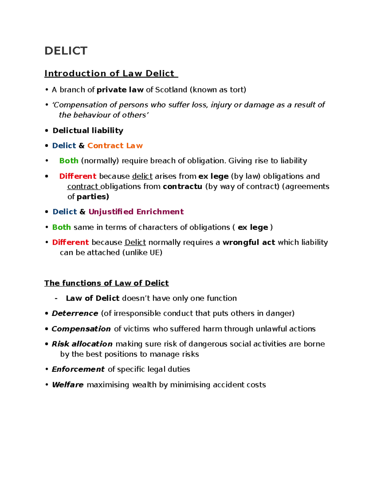 Delict Notes. 1 - DELICT Introduction of Law Delict A branch of private ...