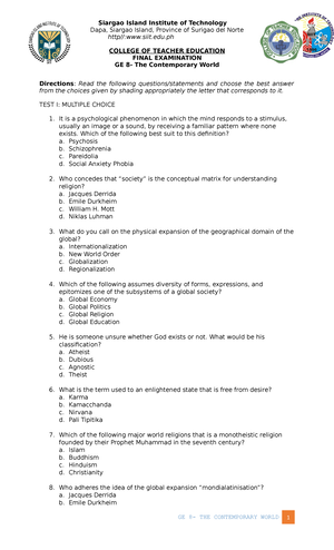 TCW TQ - The Contemporary World - Siargao Island Institute of Technology Dapa, Siargao Island ...