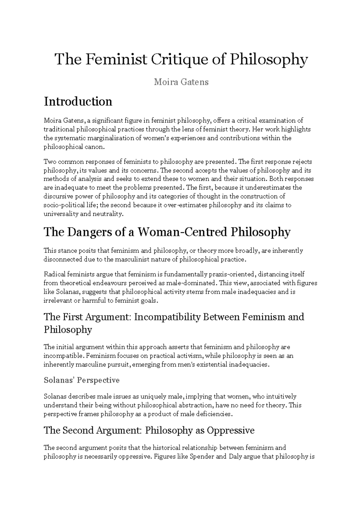 Feminist Critique of Philosophy - Her work highlights the systematic ...