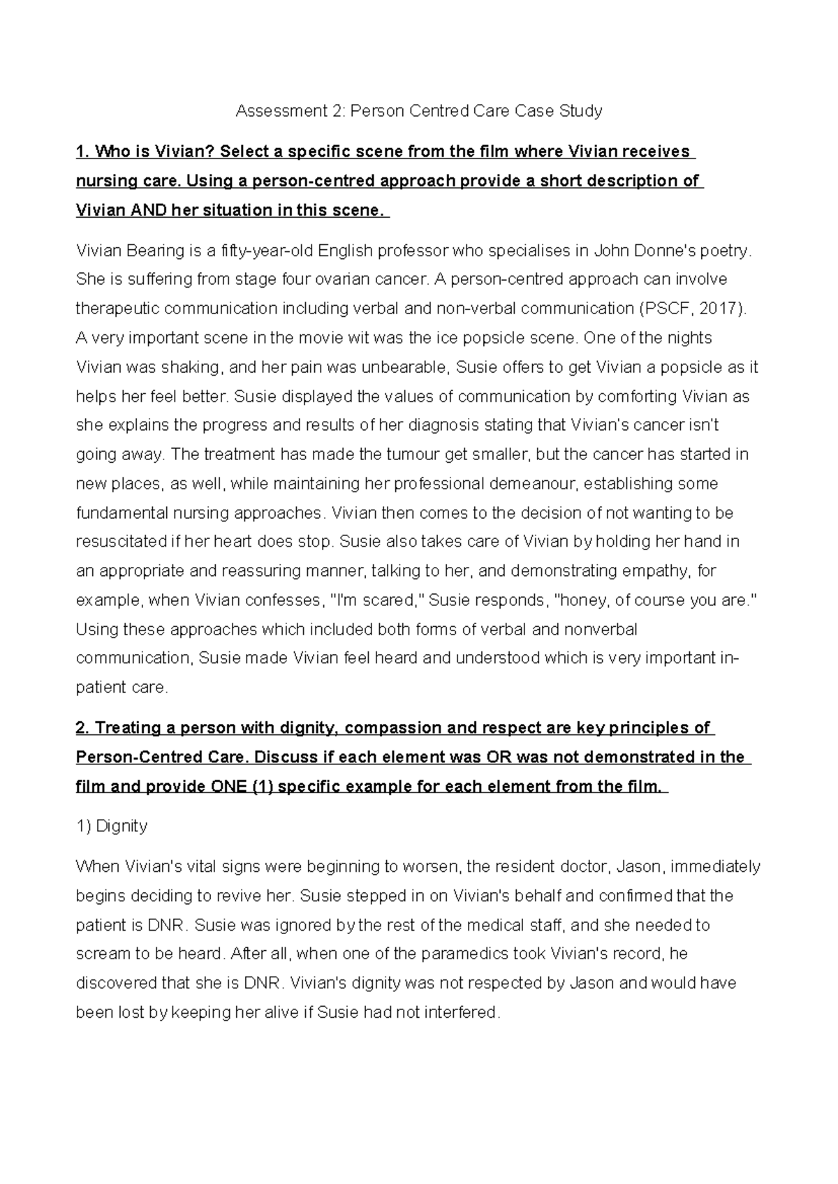 WIT Assessment 2 UTS - Assessment 2: Person Centred Care Case Study Who is Vivian? Select a ...