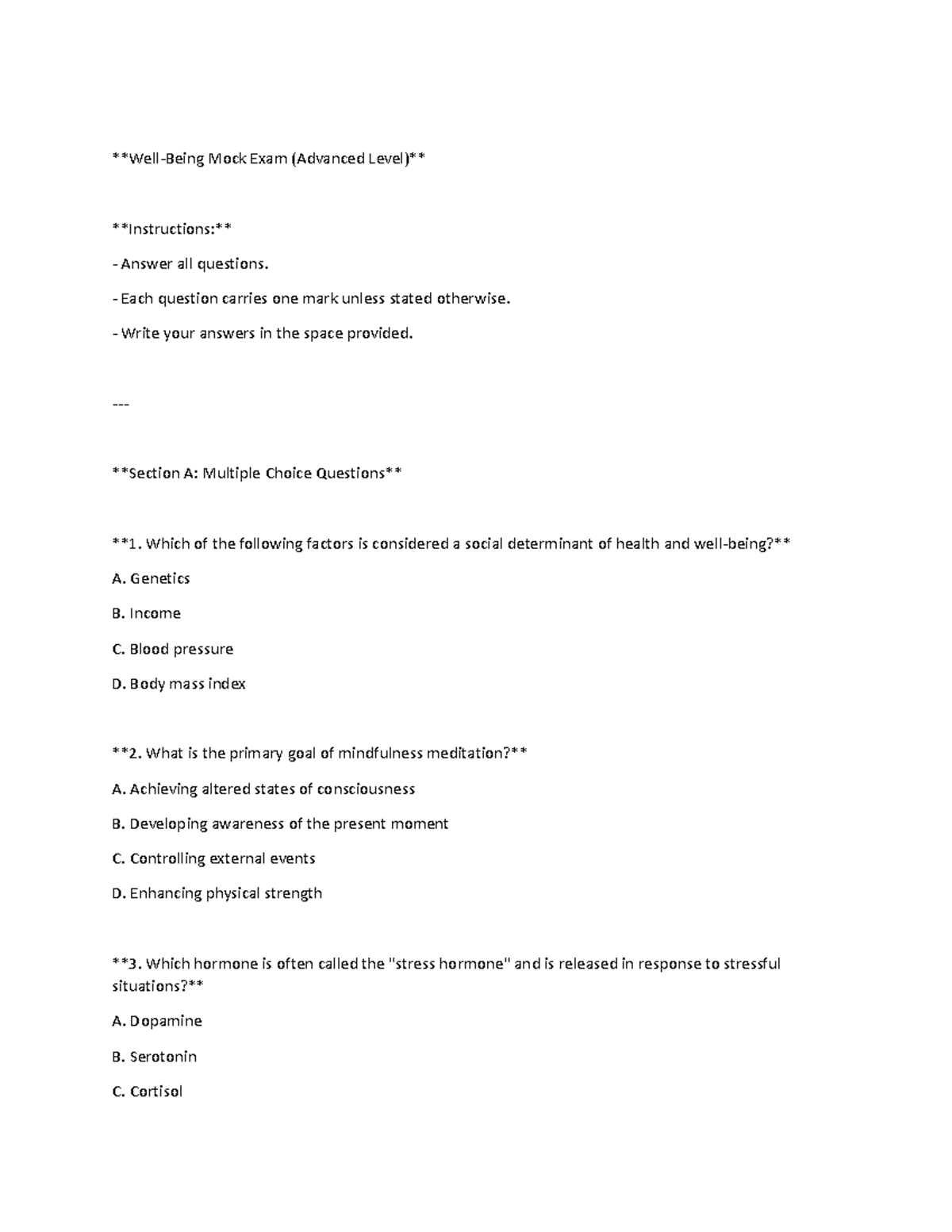 Well Being Mock Exam - good study guide - Well-Being Mock Exam ...